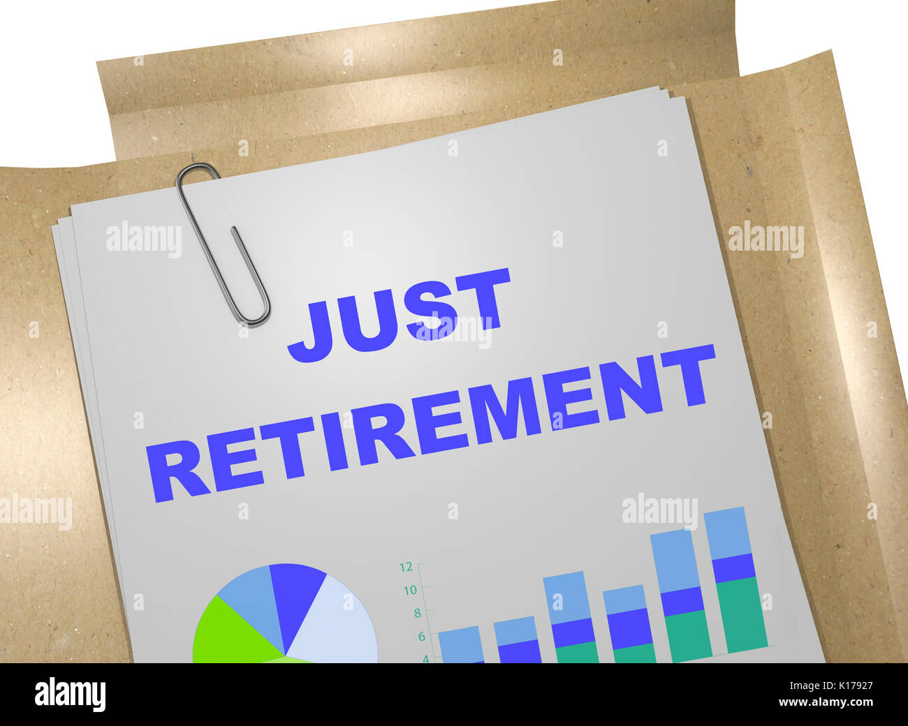 3D illustration of "JUST RETIREMENT" title on business document ...