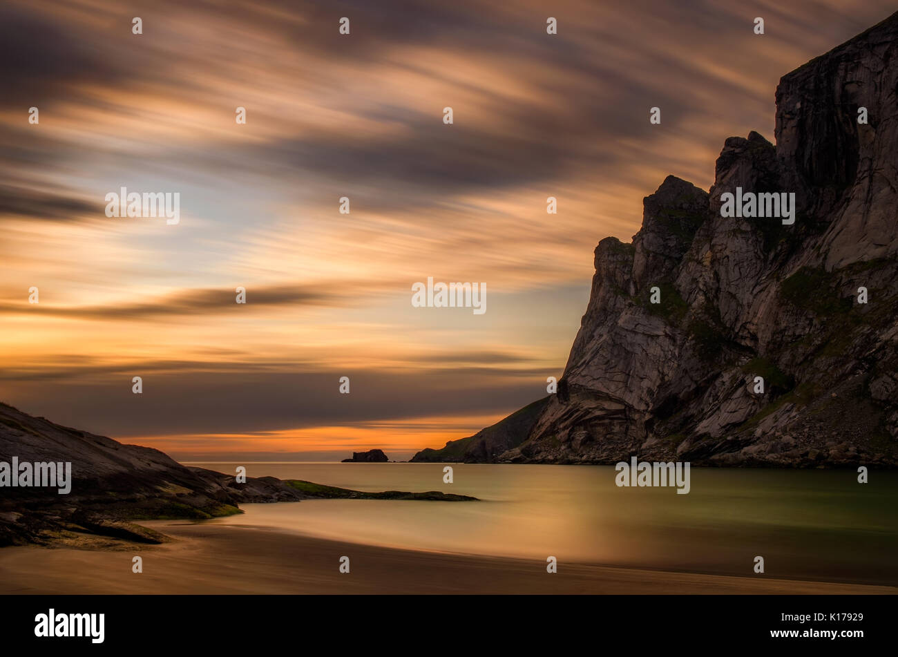 Sunset on Bunes beach with rocky mountains in background, Lofoten Stock ...