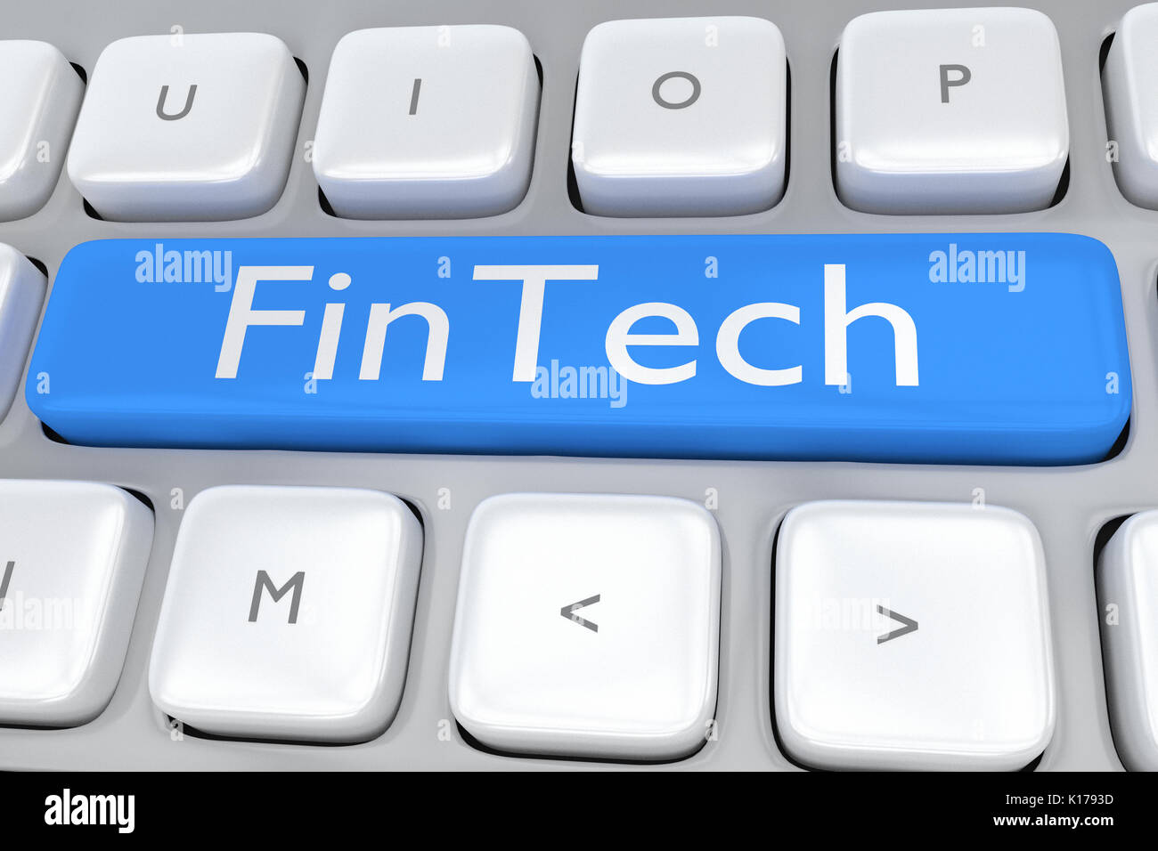 3D illustration of computer keyboard with the script "Fintech" and location icon on pale blue ...