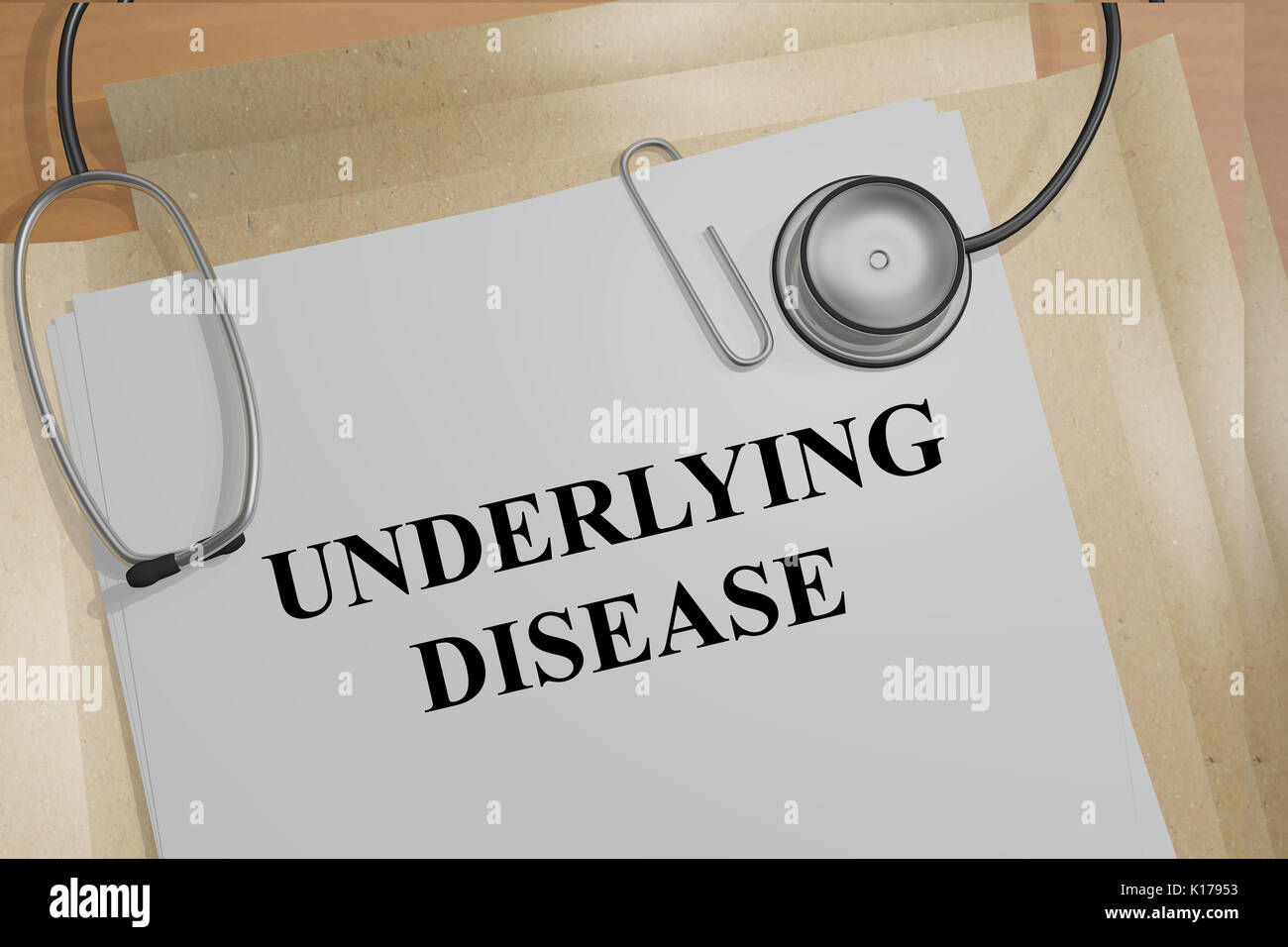 3D illustration of "UNDERLYING DISEASE" title on medical documents ...