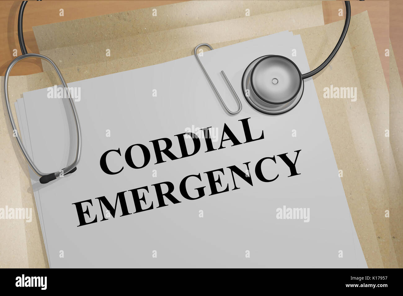 3D illustration of "CORDIAL EMERGENCY" title on medical documents ...