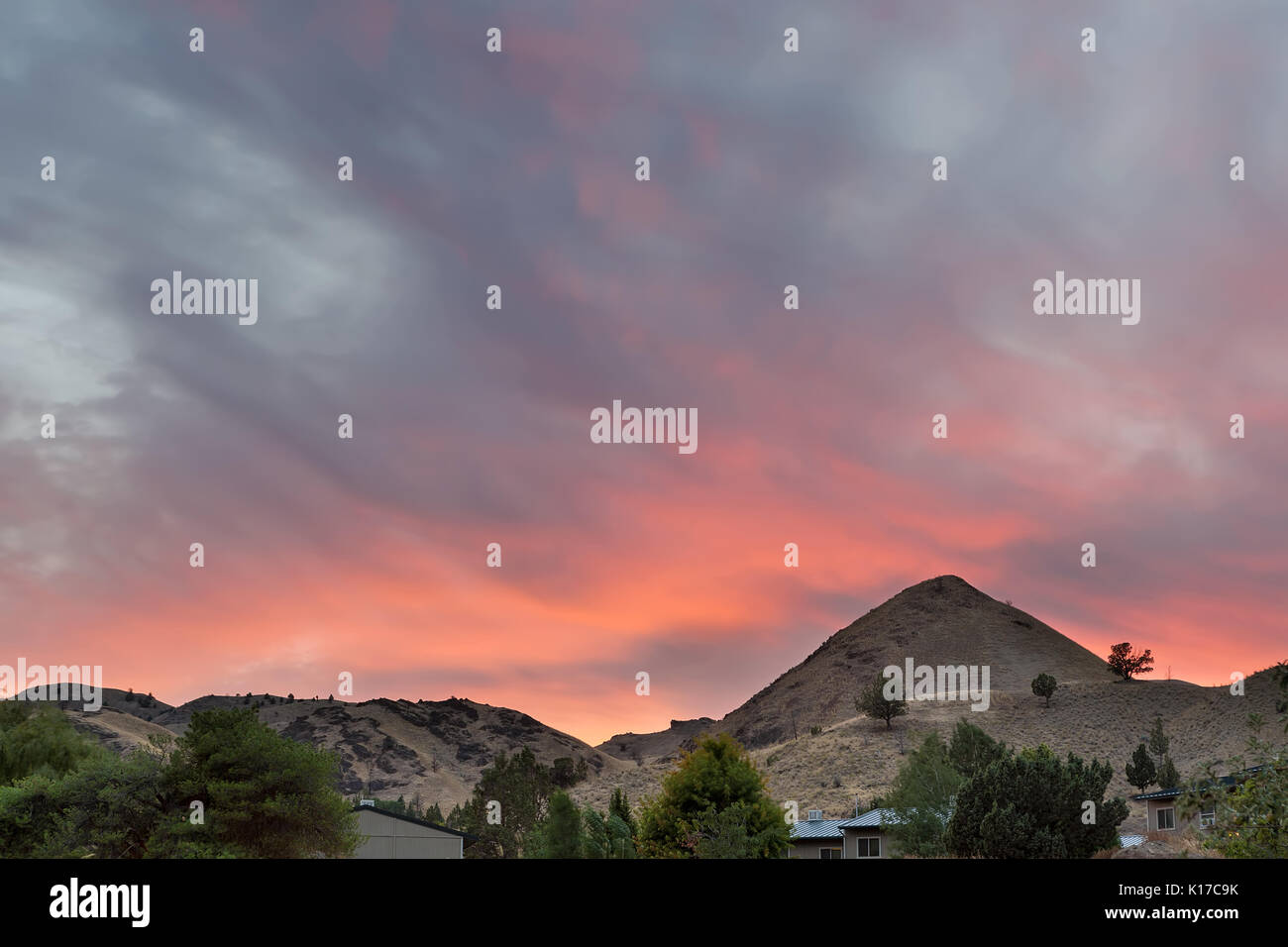Colorful sunset over farmland in high desert Central Oregon Stock Photo ...