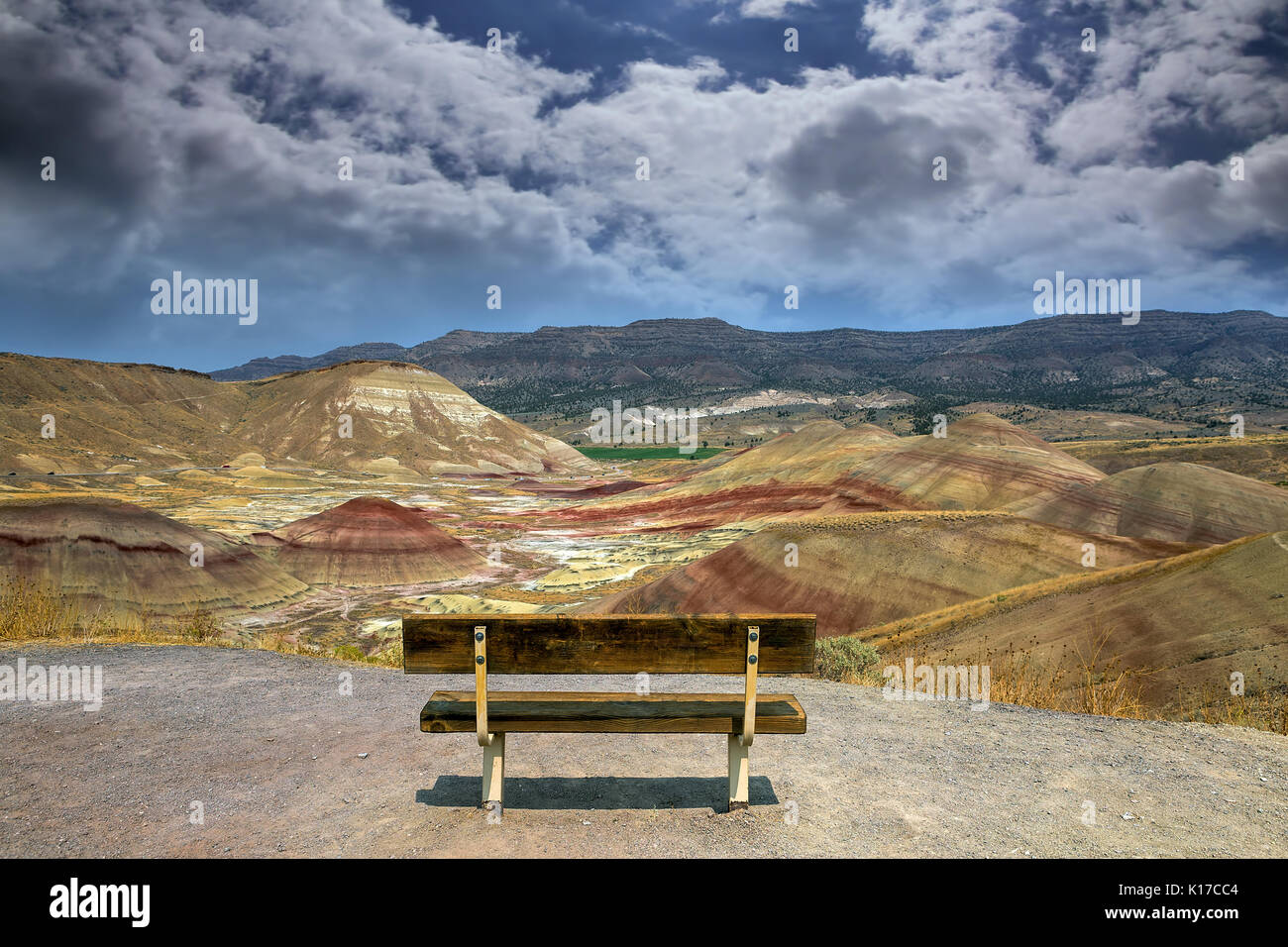 Bench along the hiking trail at the Overlook at Painted Hills in ...