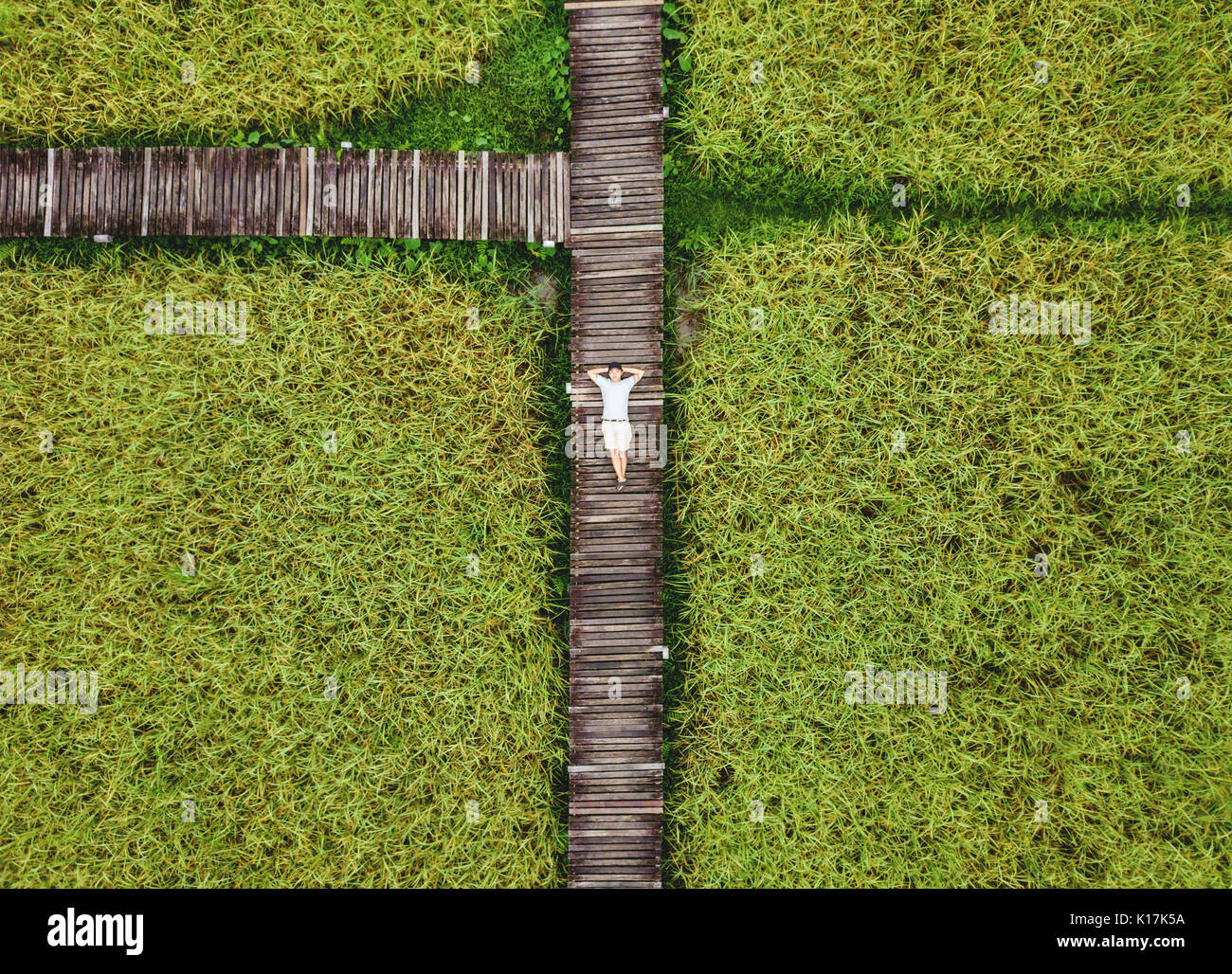 Top view, a guy relaxing on wooden footpath in green rice field, happy ...
