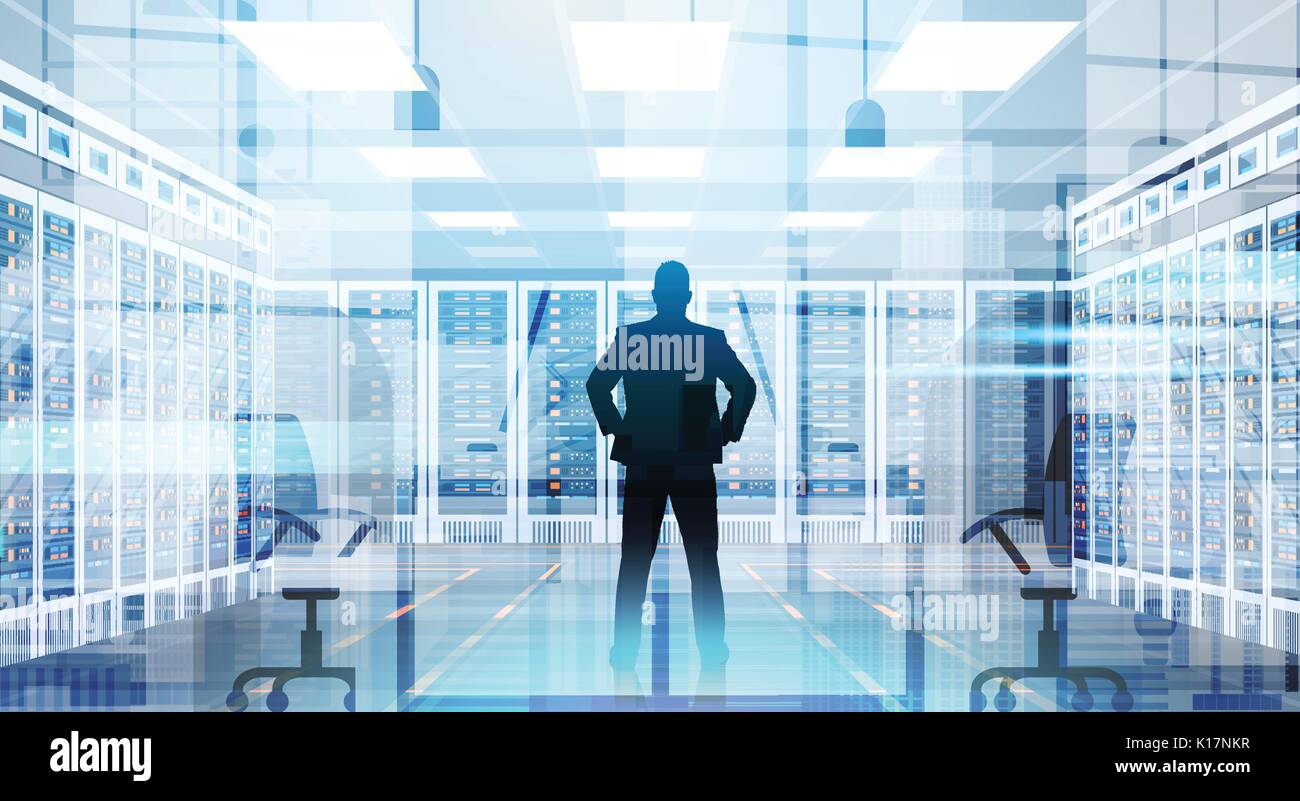 Silhouette Man In Data Center Room Hosting Server Computer Information Database Stock Vector ...