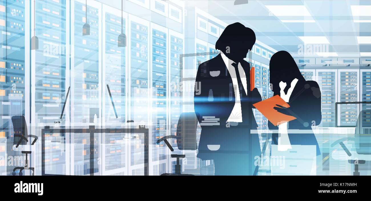 Silhouette People Working In Data Center Room Hosting Server Computer Information Database Stock ...