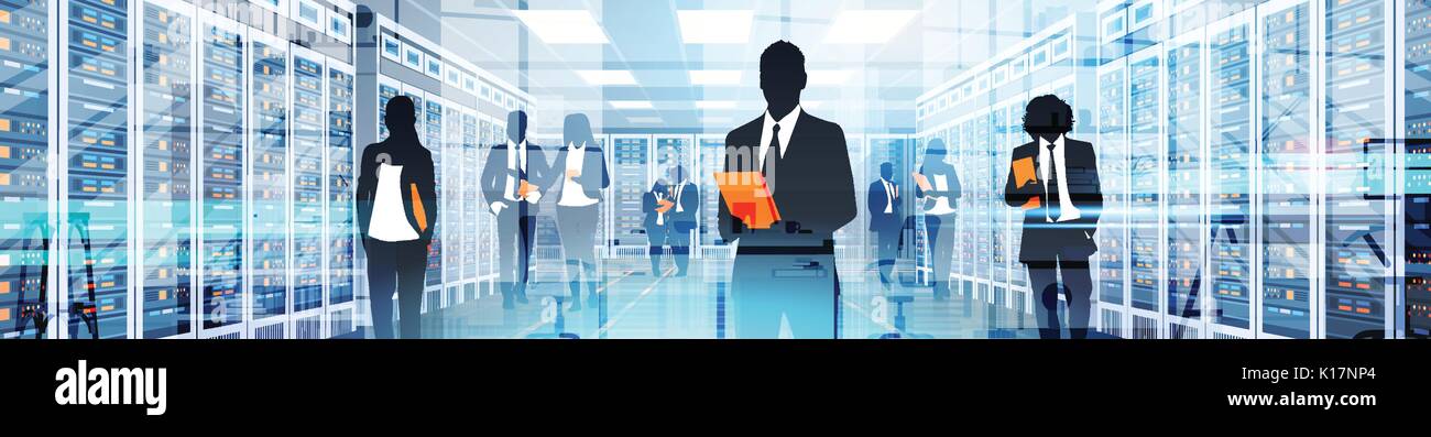 Silhouette People Working In Data Center Room Hosting Server Computer Information Database Stock ...