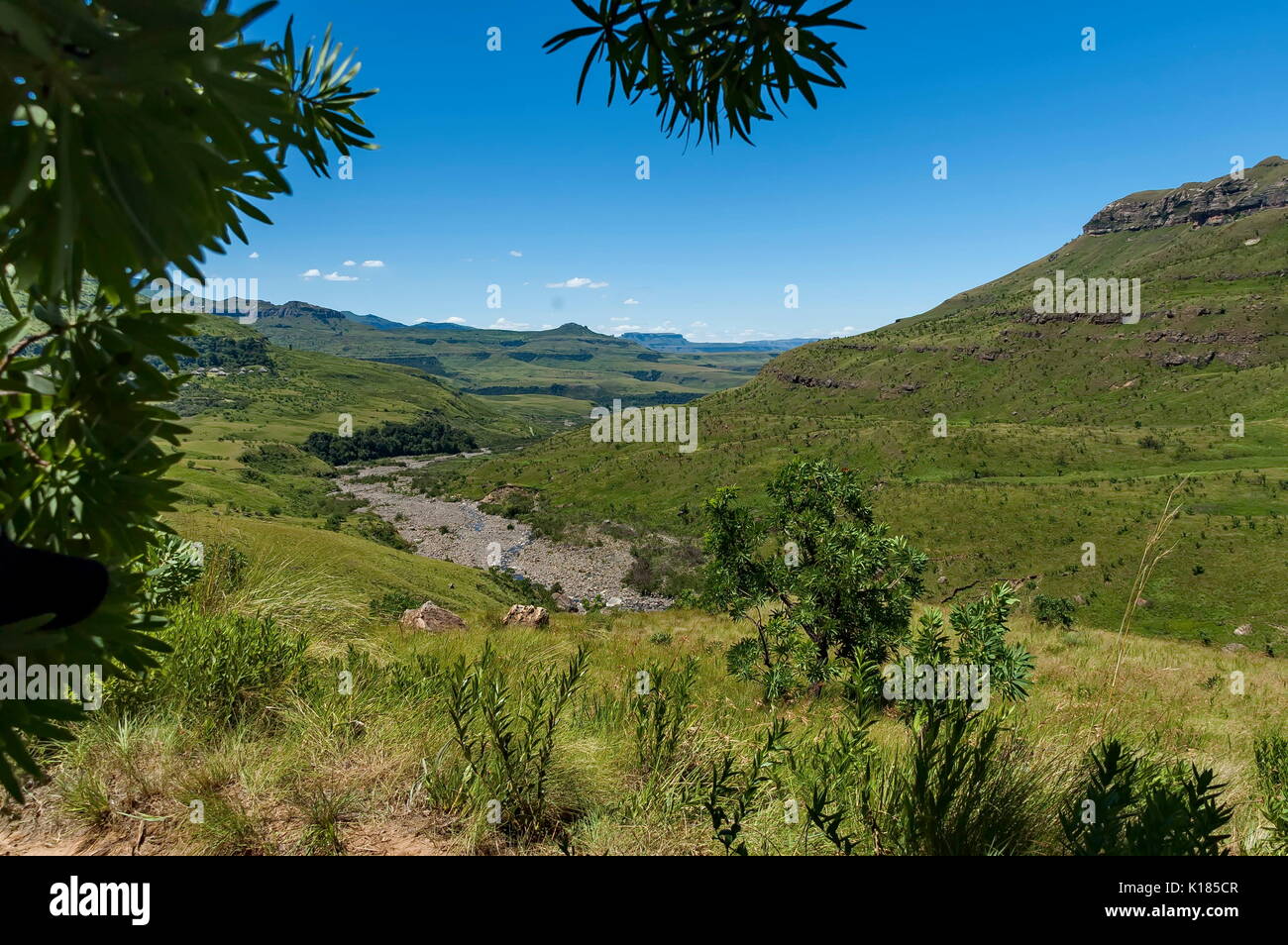 Dry course of one river from Thukela waterfall in Drakensberg mountain ...