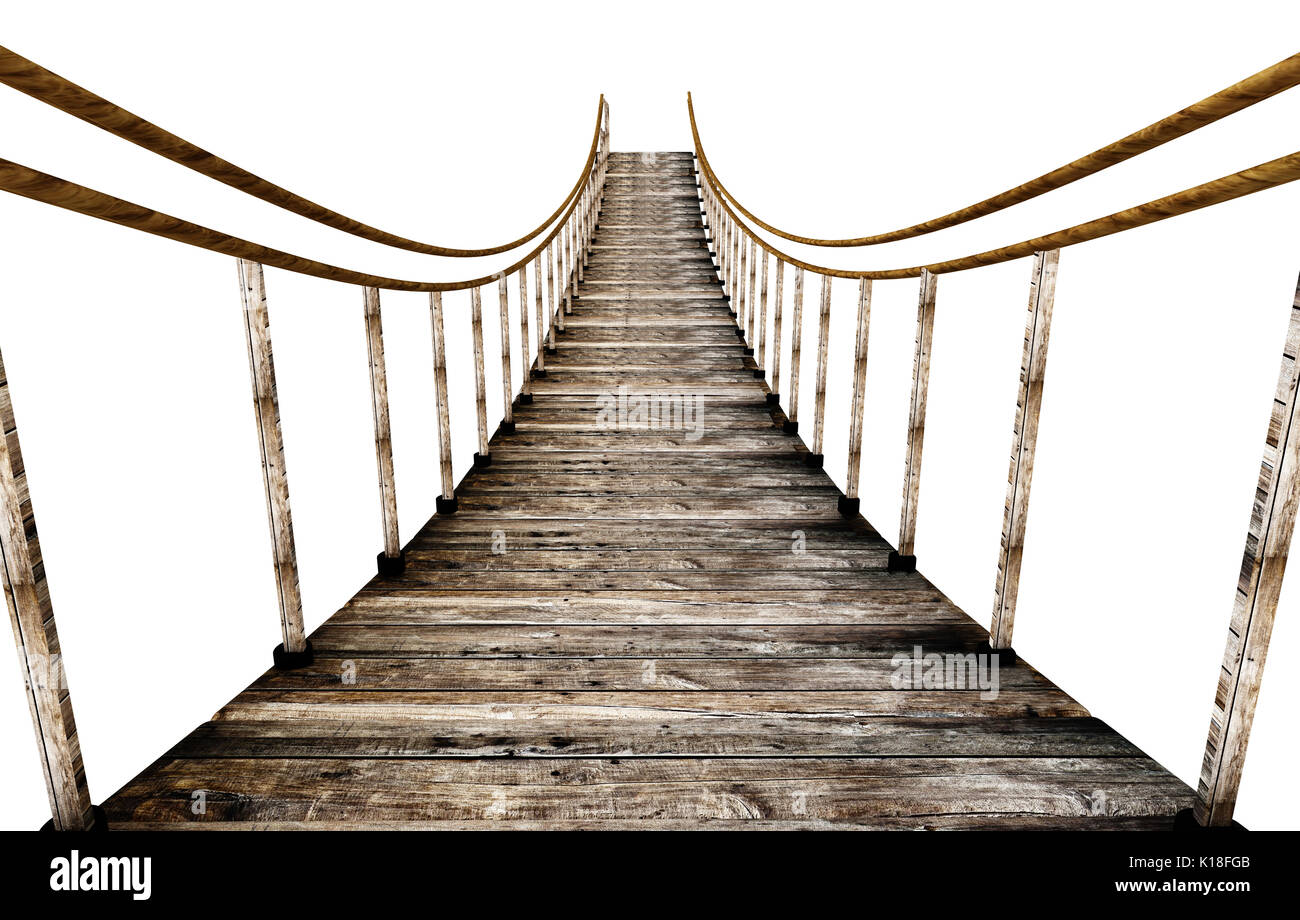 Old wooden suspended bridge isolated on white background. 3D ...
