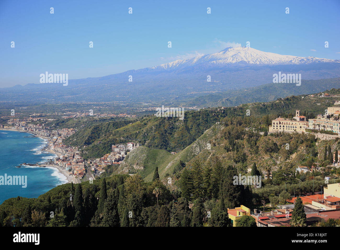 Sicily, Taormina, view from the ancient theater to the coastal ...