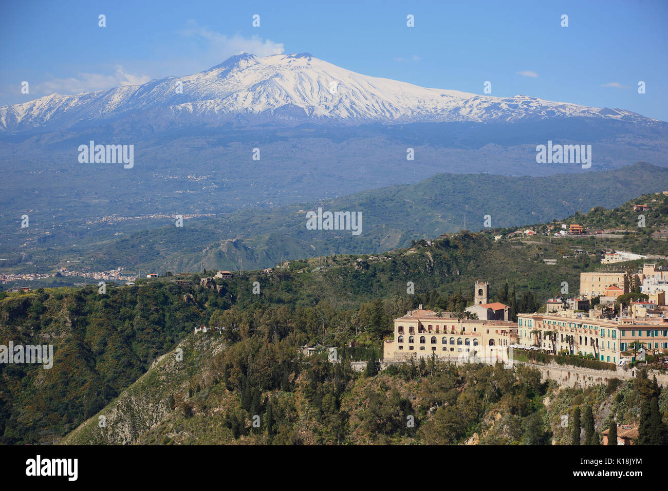 Sicily, Taormina, view from the ancient theater to the city and the ...