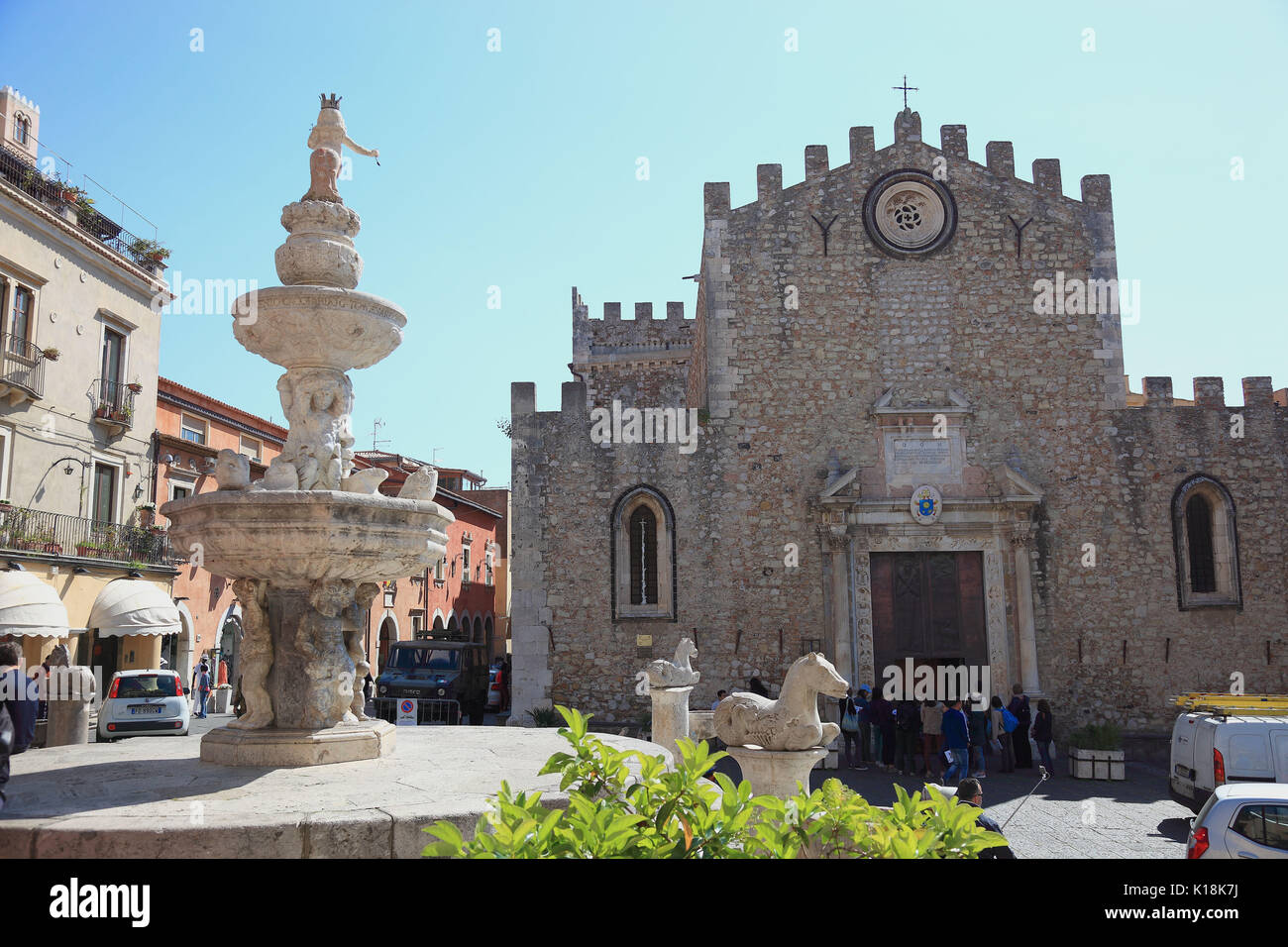 Sicily, the city of Taormina, the baroque fountain and the Cathedral of ...
