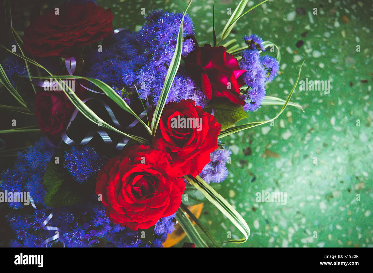 Blue And Red Roses Bouquet Of Violets
