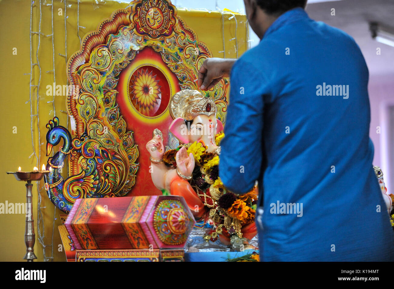 Slough, UK. 25th Aug, 2017. Devotees take part in The Ganpati Festival ...