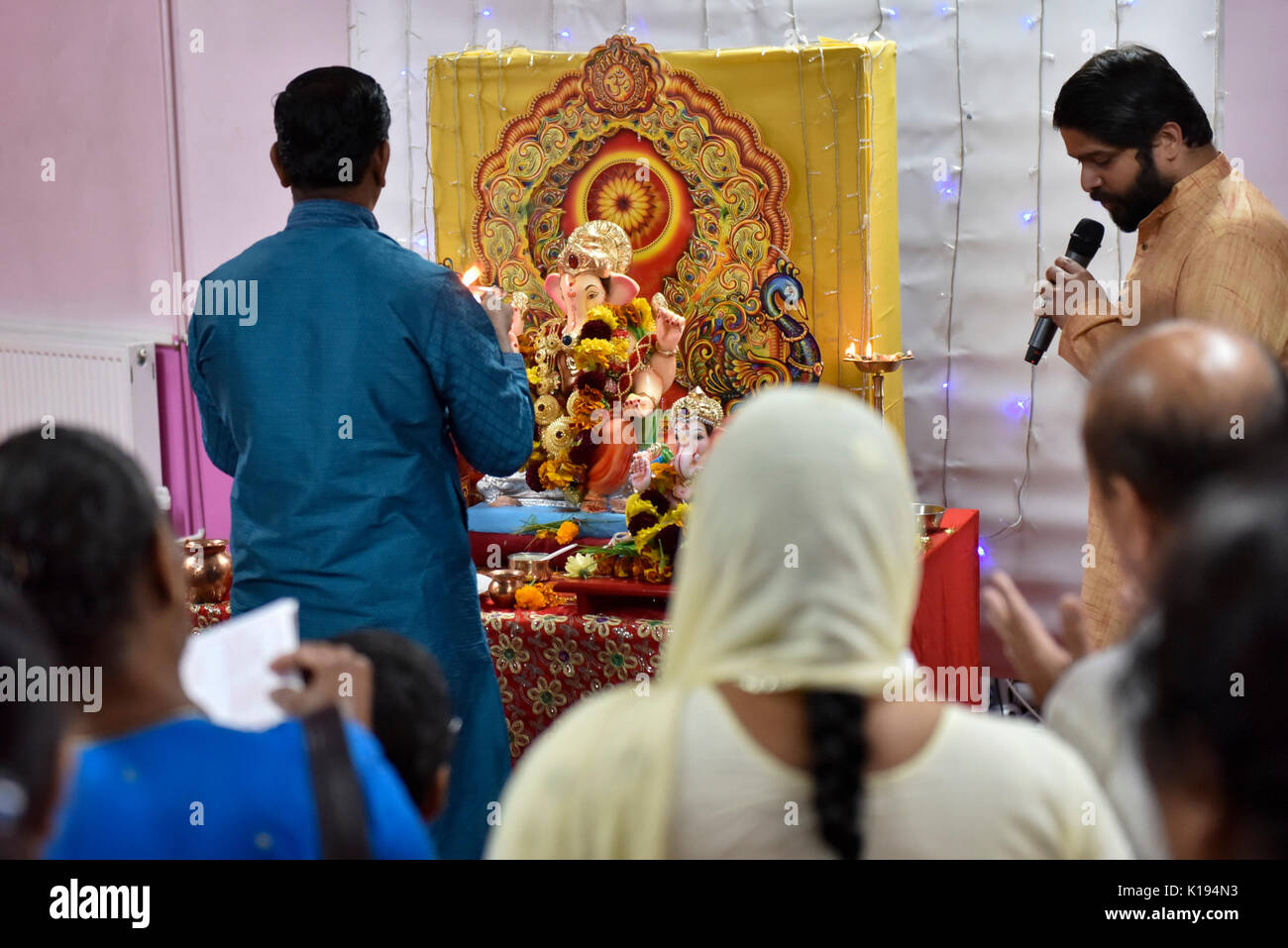 Slough, UK. 25th Aug, 2017. Devotees take part in The Ganpati Festival ...