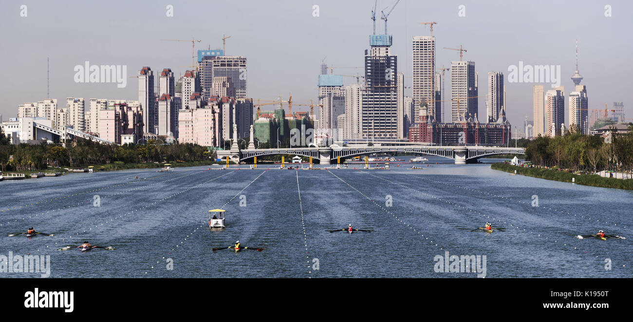Tianjin. 25th Aug, 2017. Athletes compete during the women's rowing at ...