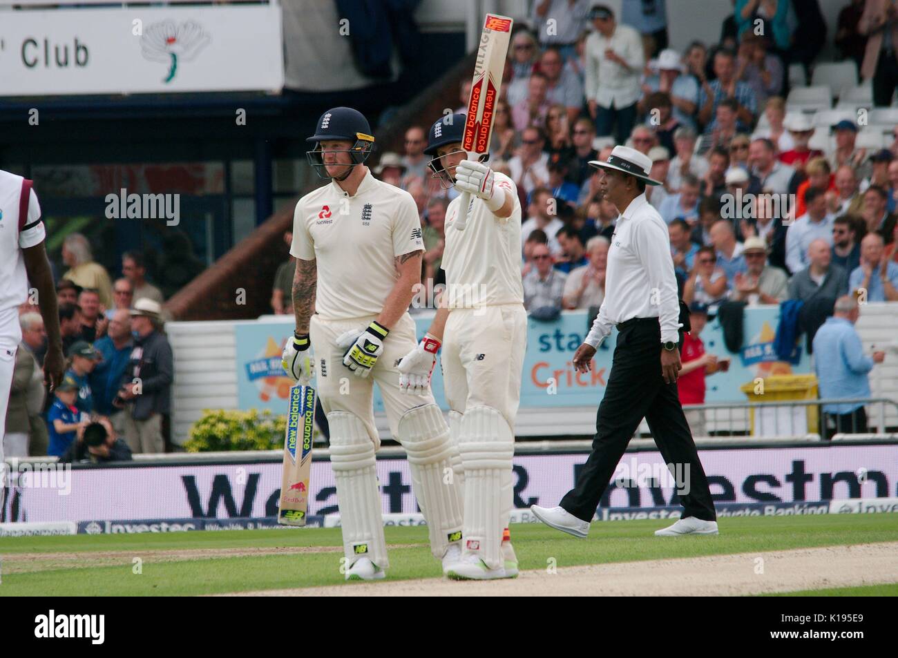 Leeds, UK, 25 August 2017. England captain Joe Root raises his bat on ...