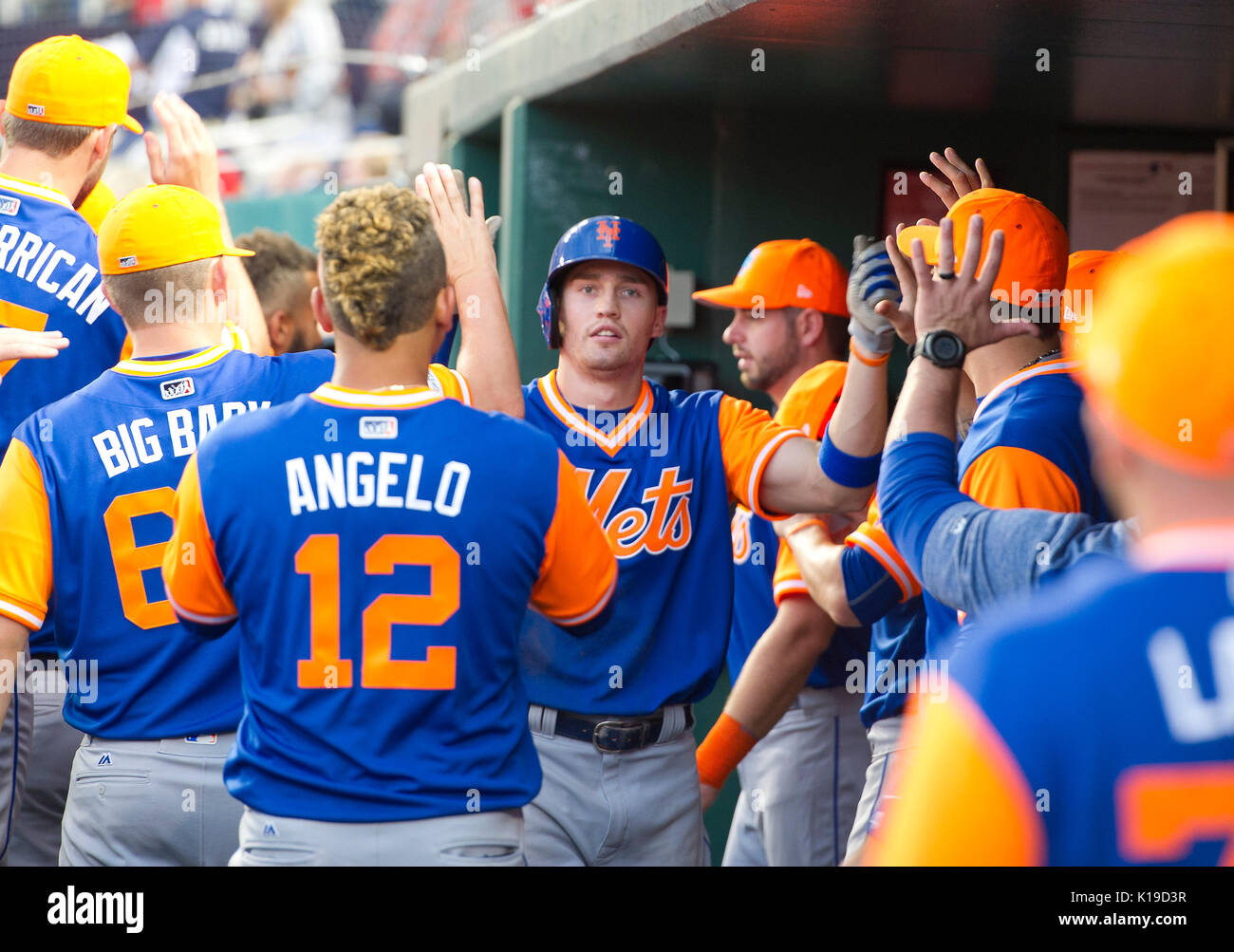 New York Mets center fielder Brandon Nimmo (9) celebrates his scoring ...
