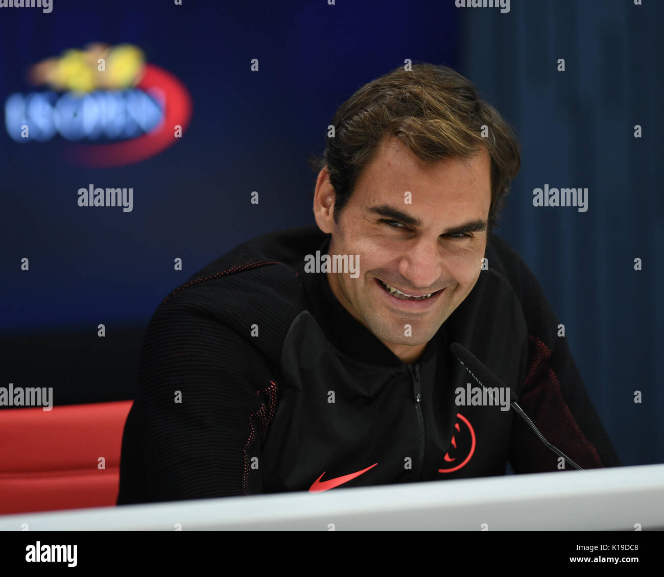 FLUSHING NY- AUGUST 26: Roger Federer in the interview room at the USTA ...