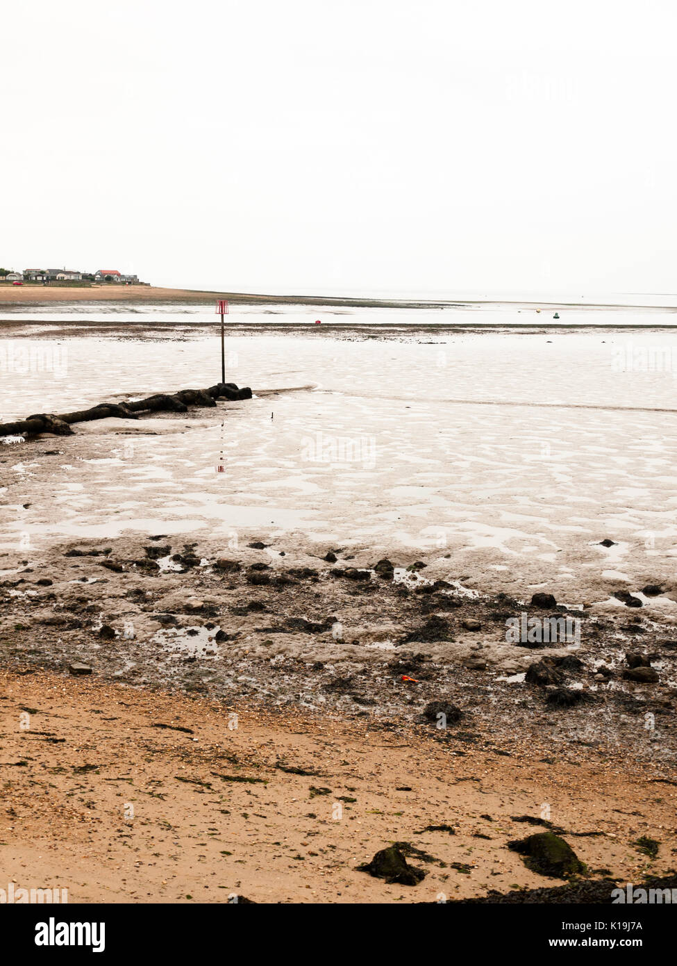 curved seaside scene pipe groyne beach seaweed pebbles; England; UK ...