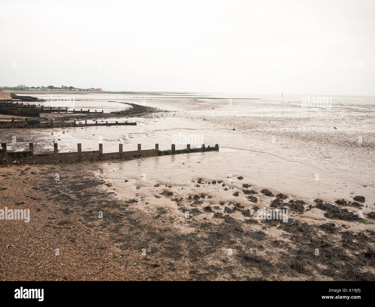 impressive overcast seaside beach scene groynes pebbles mudflats ...