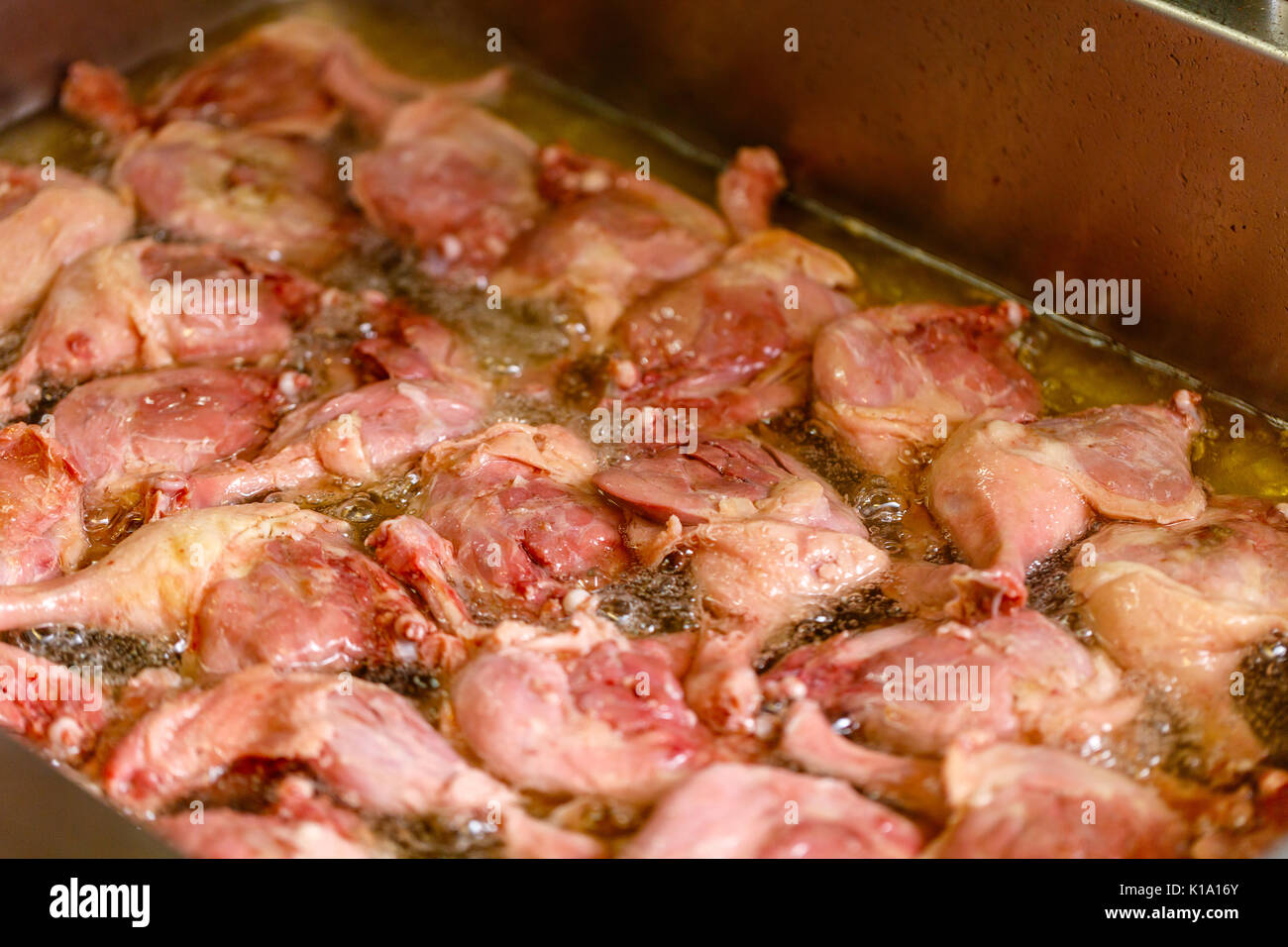 Goose drumstick frying in a pan, restaurant kitchen Stock Photo - Alamy