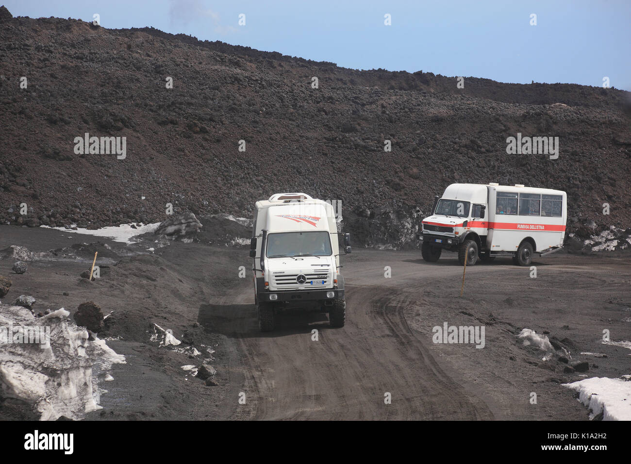 Sicily, volcano landscape at the Etna, bus transfer from the lift ...