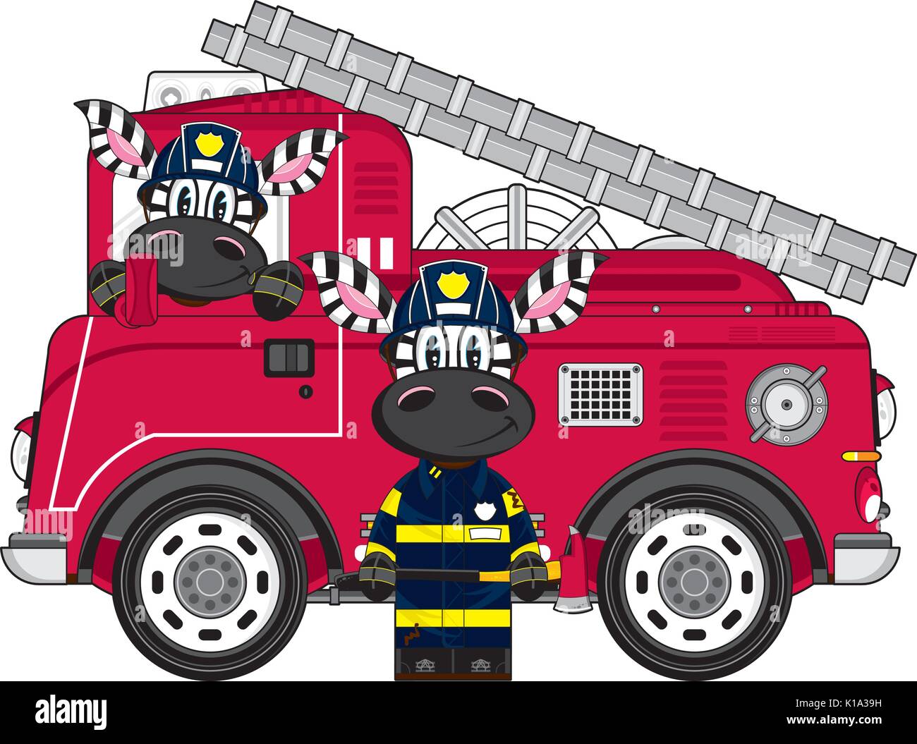 Cartoon Zebra Fireman - Firefighter and Fire Engine Vector Illustration ...
