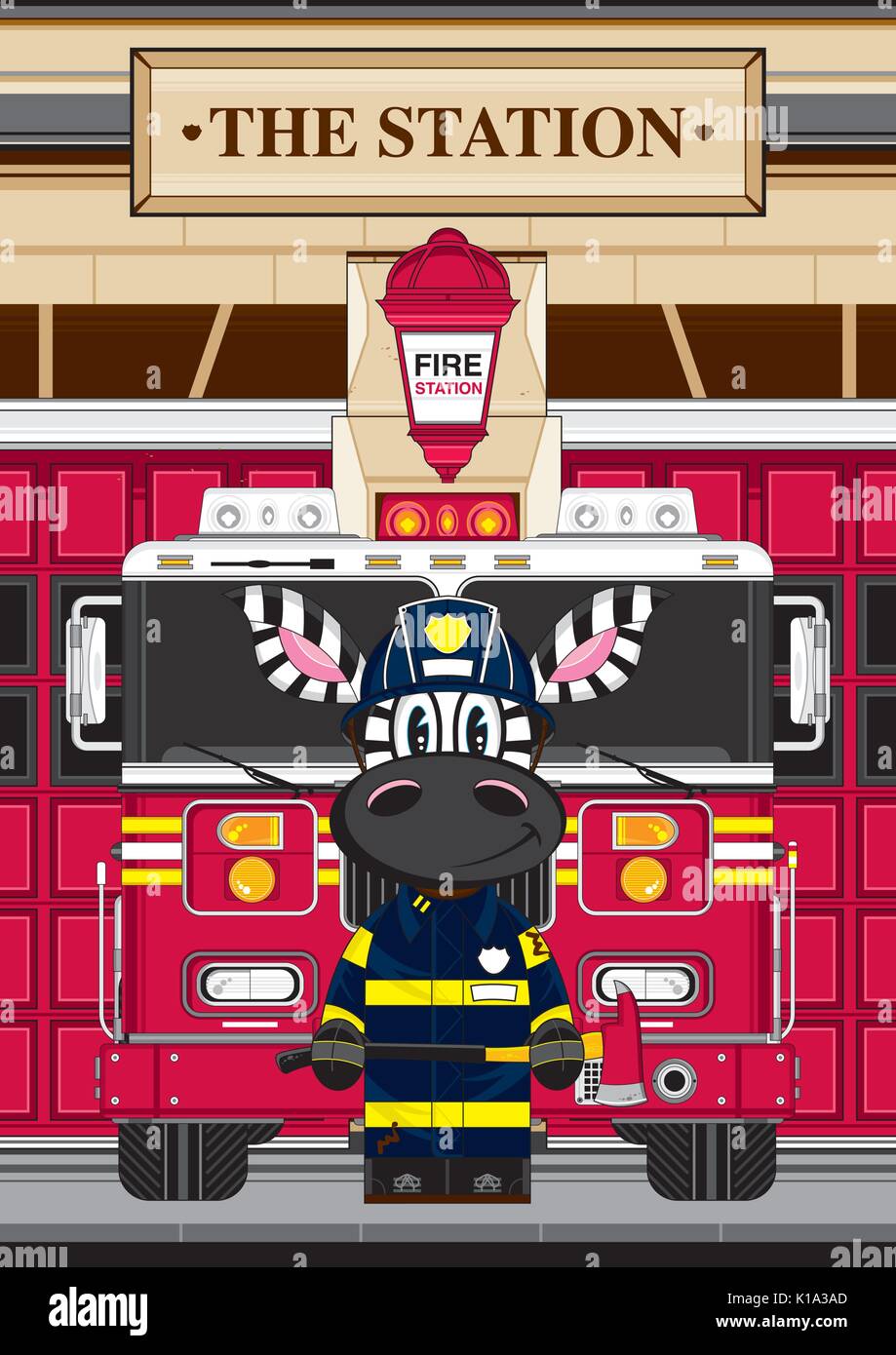 Cartoon Zebra Fireman - Firefighter and Fire Engine Vector Illustration ...