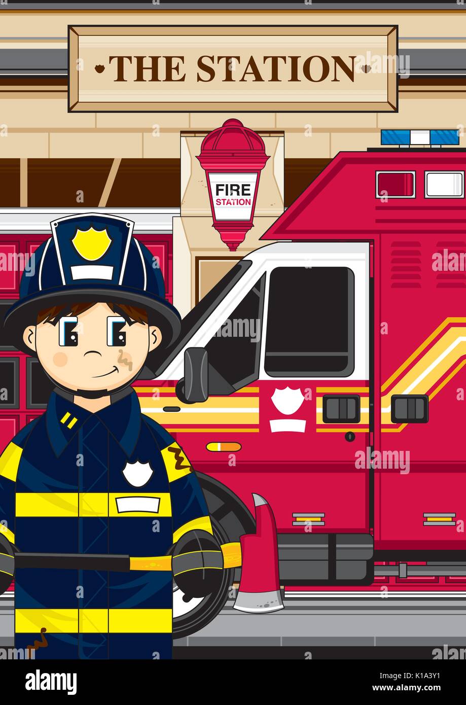 Cartoon Fire Truck With Firefighter