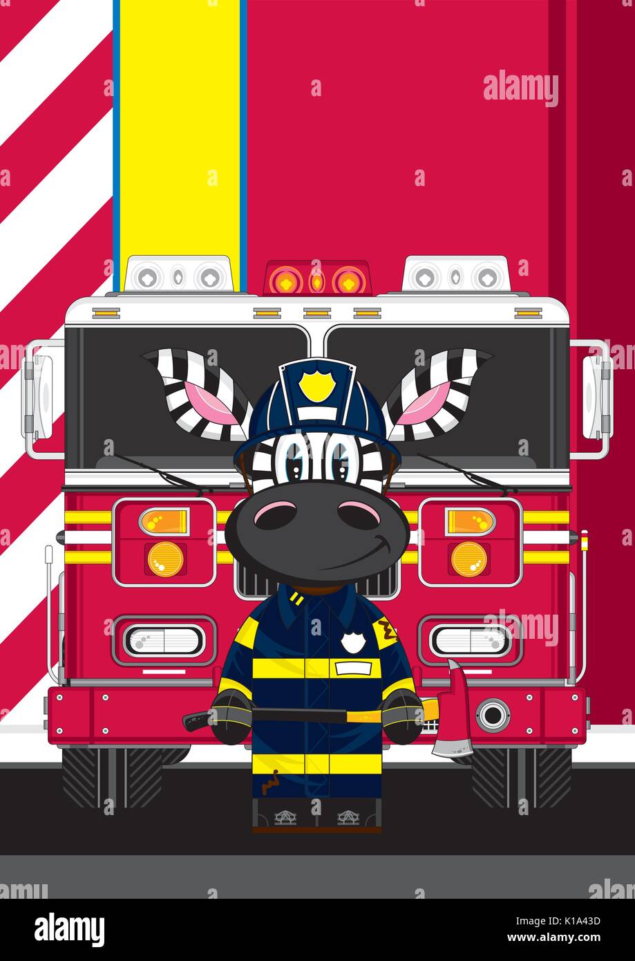 Cartoon Zebra Fireman - Firefighter and Fire Engine Vector Illustration ...