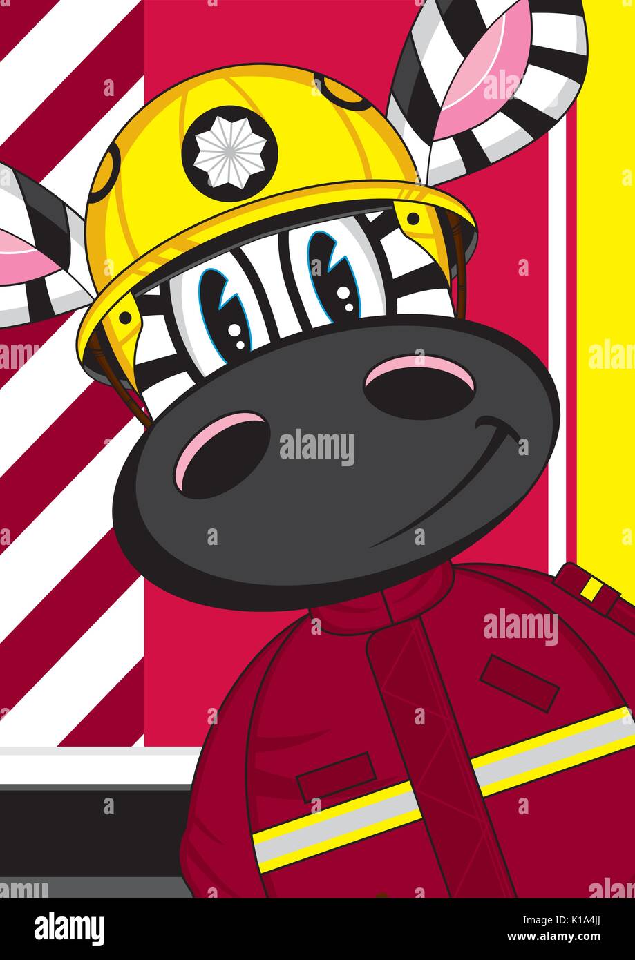 Cute Cartoon Zebra Fireman - Firefighter Vector Illustration Stock ...