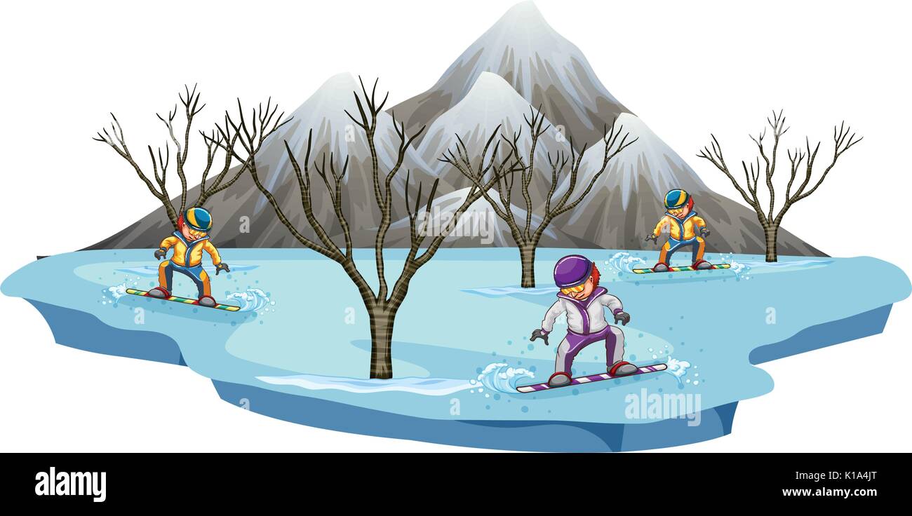 Three men snowboarding in snow field illustration Stock Vector Image ...