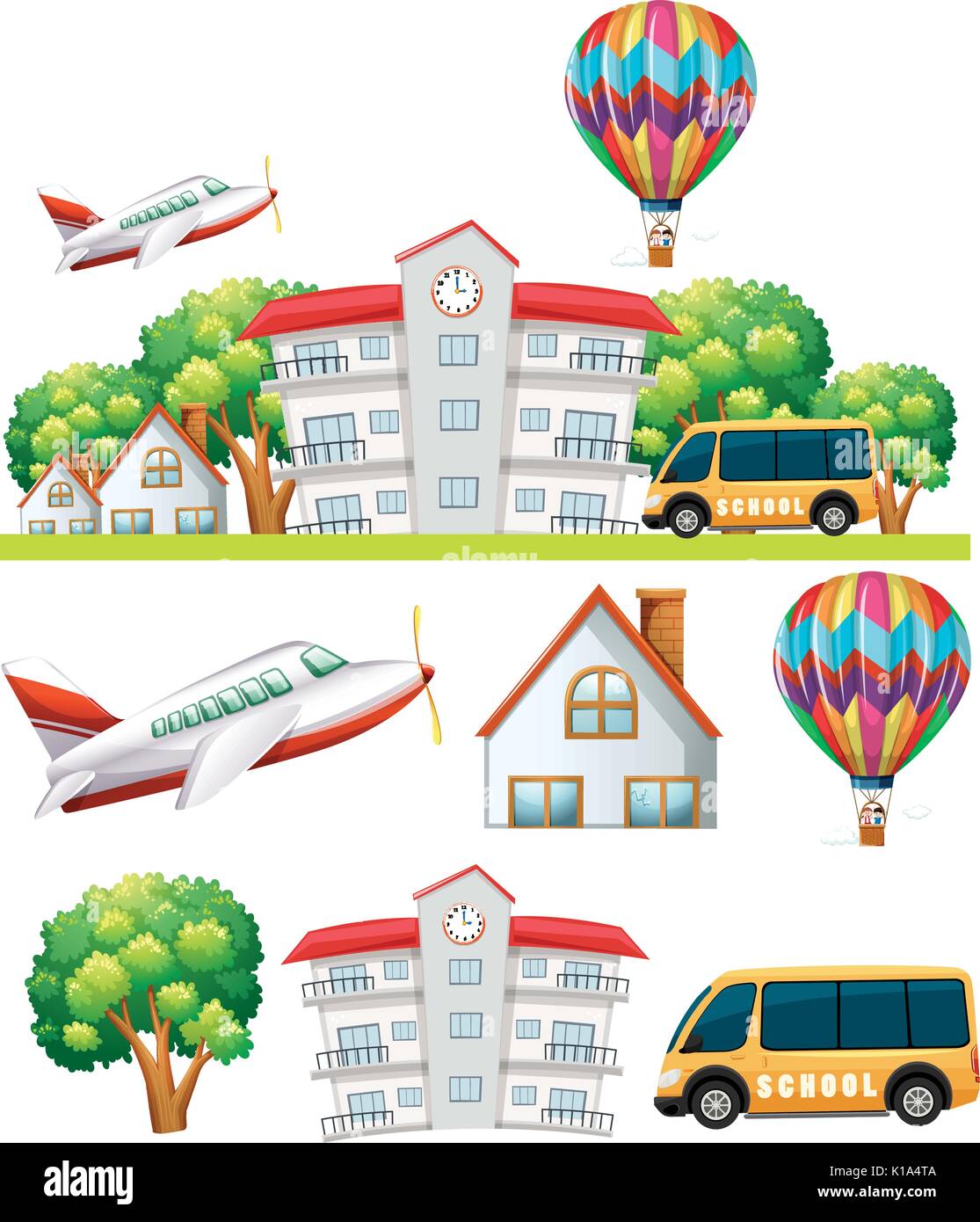 School scene with building and transportations illustration Stock ...