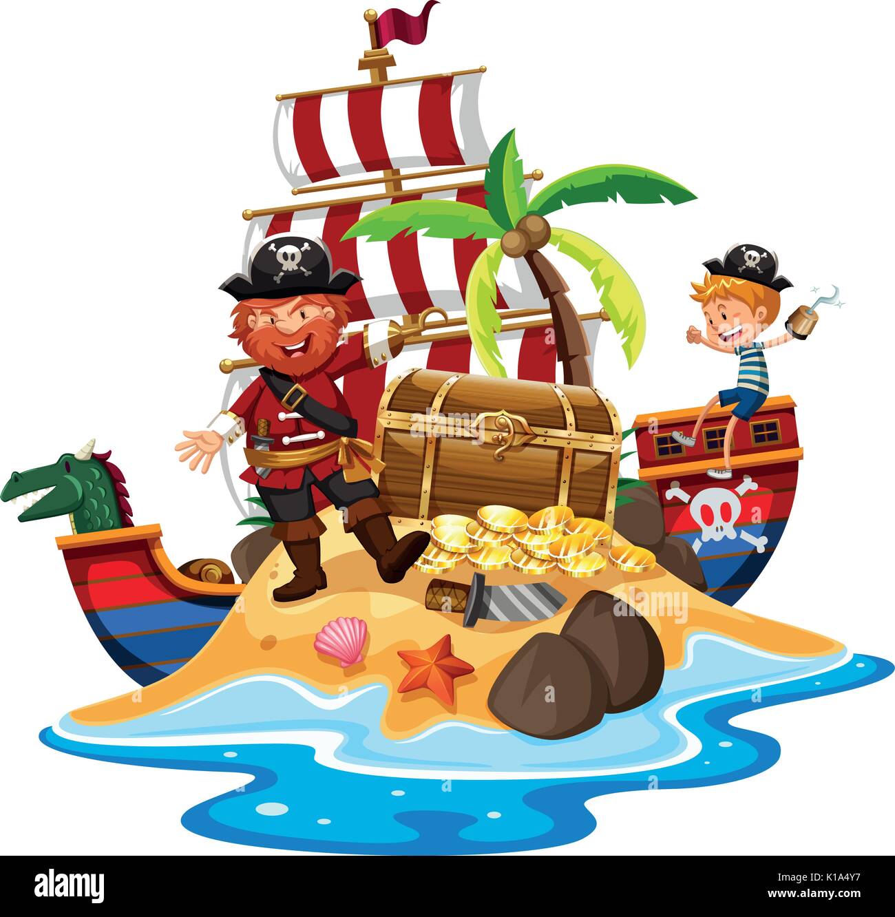 Pirate and ship at treasure island illustration Stock Vector Image ...