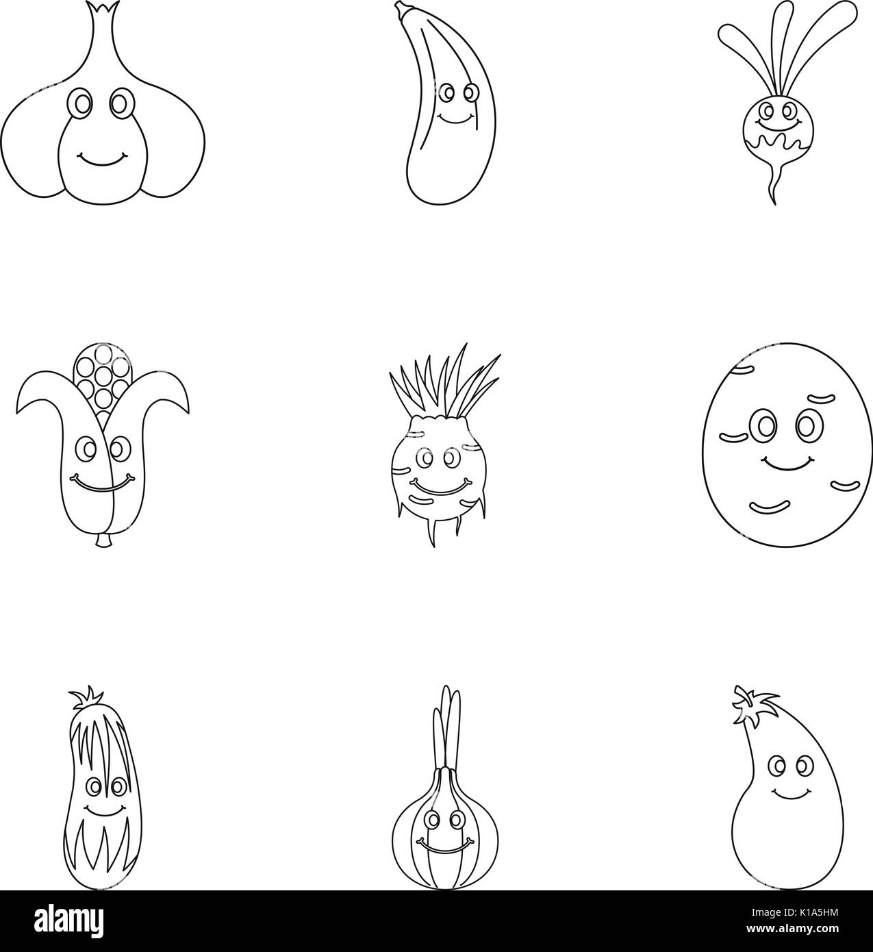 Funny vegetables character icon set, outline style Stock Vector Image ...