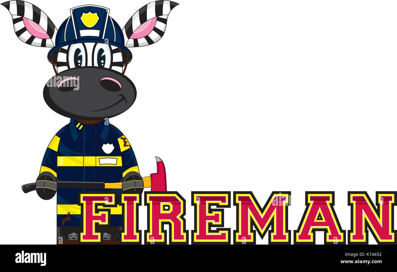 Cute Cartoon Zebra Fireman - Firefighter Vector Illustration Stock ...