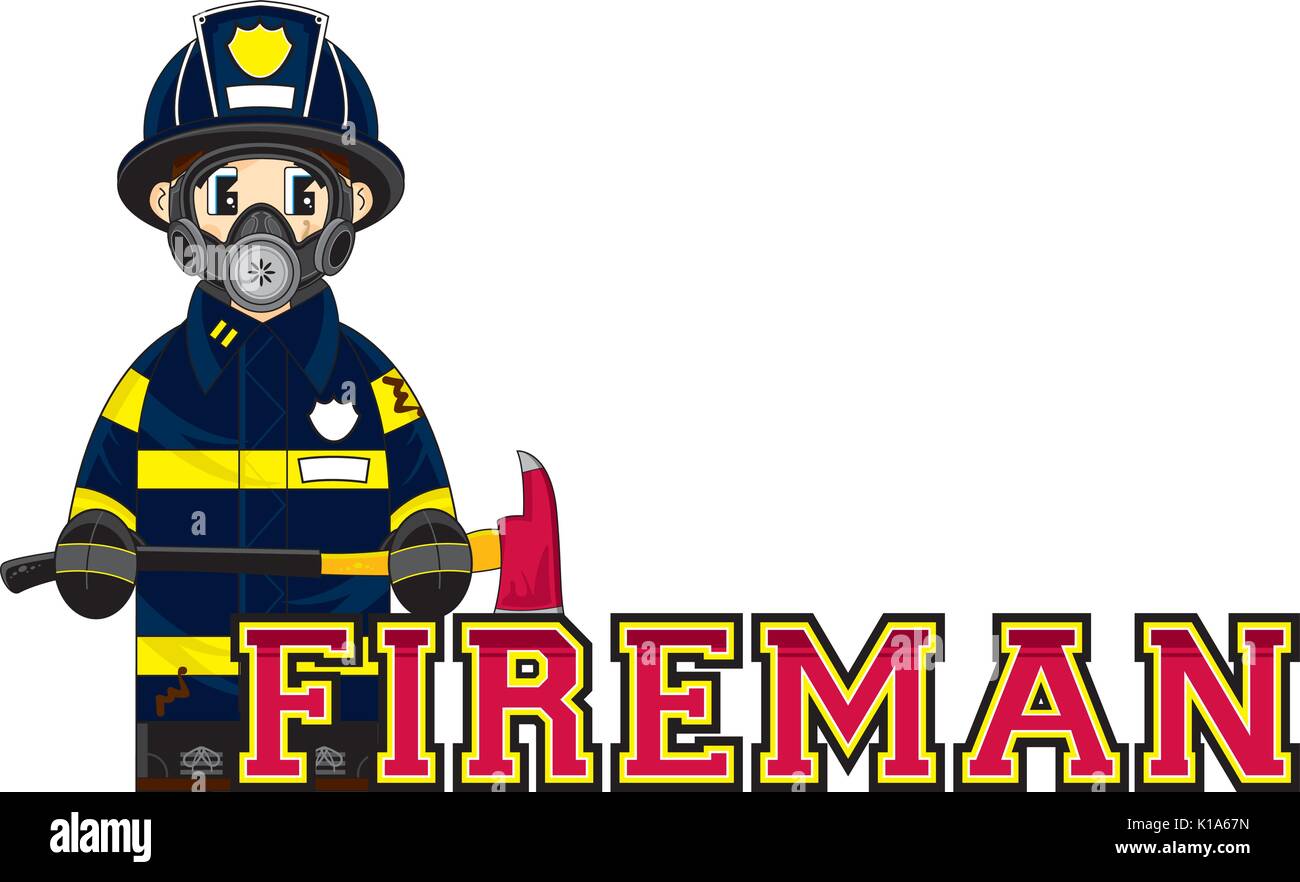 Cute Cartoon Fireman - Firefighter with Axe Vector Illustration Stock ...
