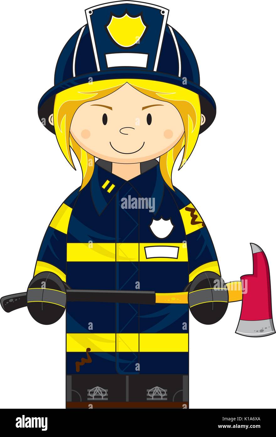 Cute Cartoon Fireman - Firefighter with Axe Vector Illustration Stock ...