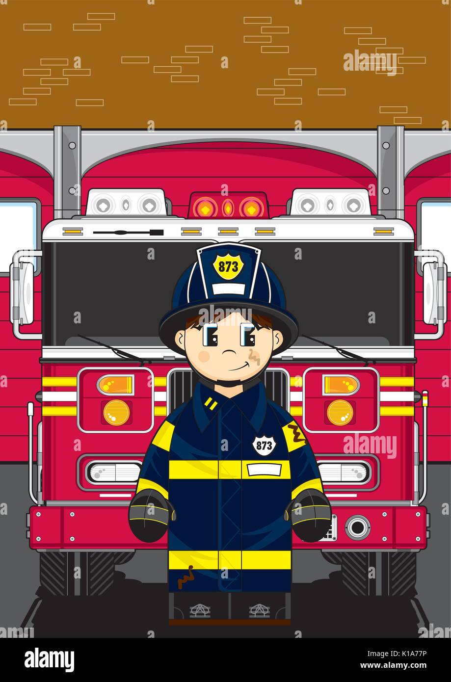 Cute Cartoon Fireman - Firefighter and Fire Truck Vector Illustration ...