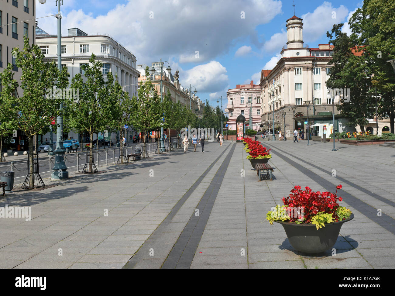 VILNIUS, LITHUANIA - AUGUST 05, 2017: FLower pots and Linden trees on ...