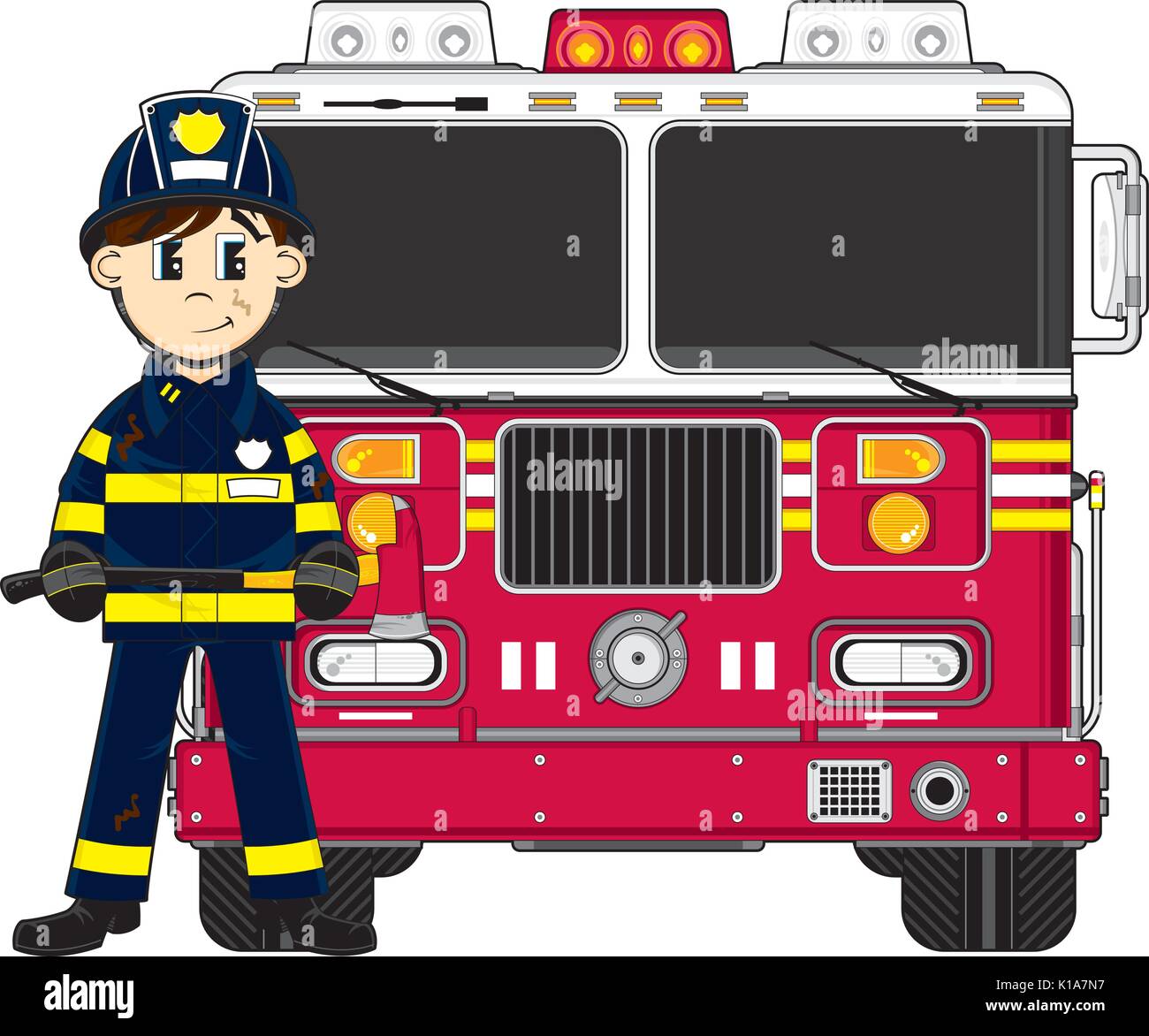 Cute Cartoon Fireman - Firefighter Fire Truck Vector Illustration Stock ...