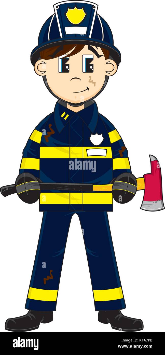 Cute Cartoon Fireman - Firefighter with Axe Vector Illustration Stock ...