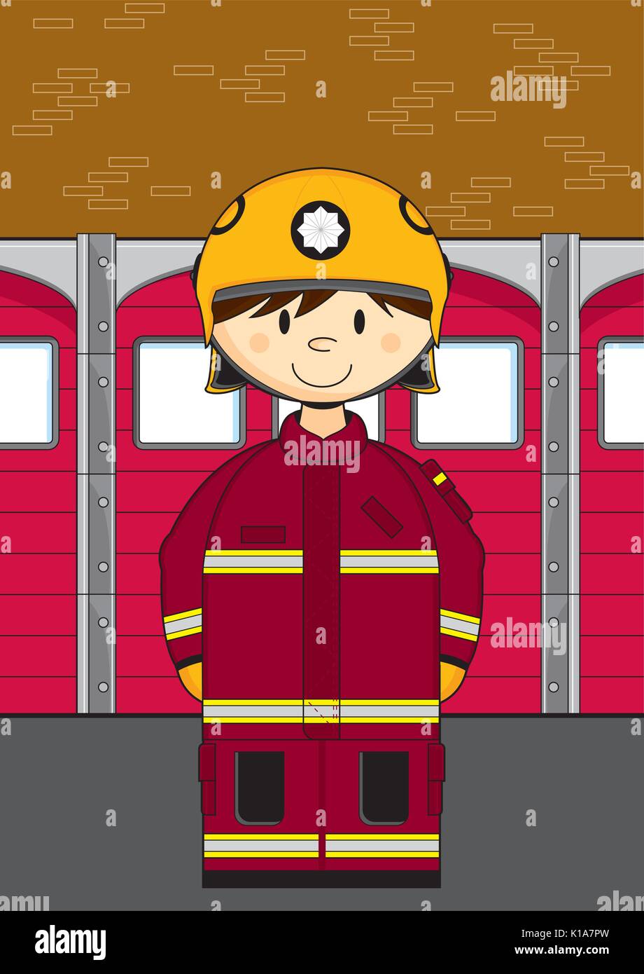 Cute Cartoon Fireman - Firefighter Vector Illustration Stock Vector ...