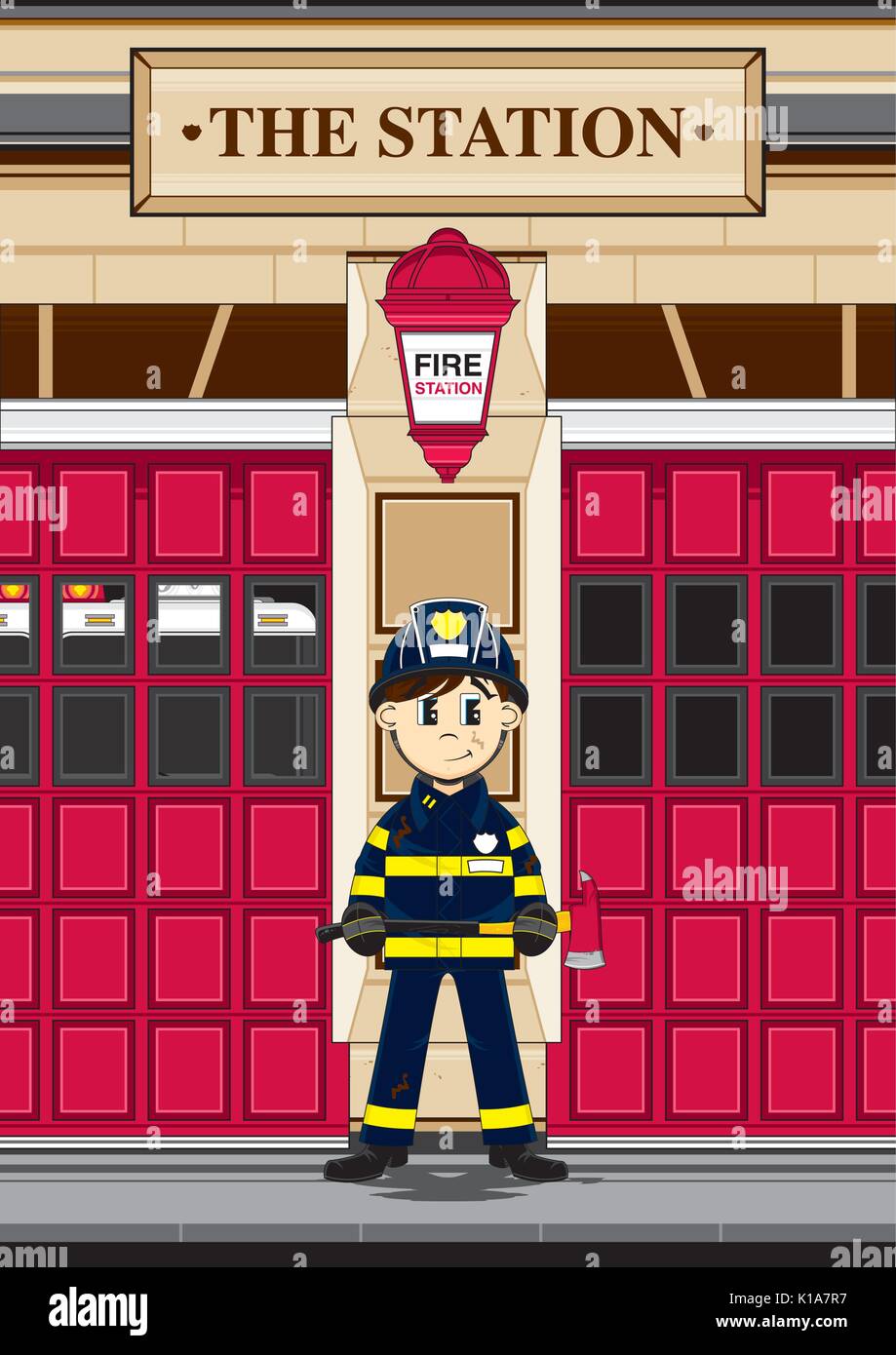 Cute Cartoon Fireman - Firefighter with Axe Vector Illustration Stock ...