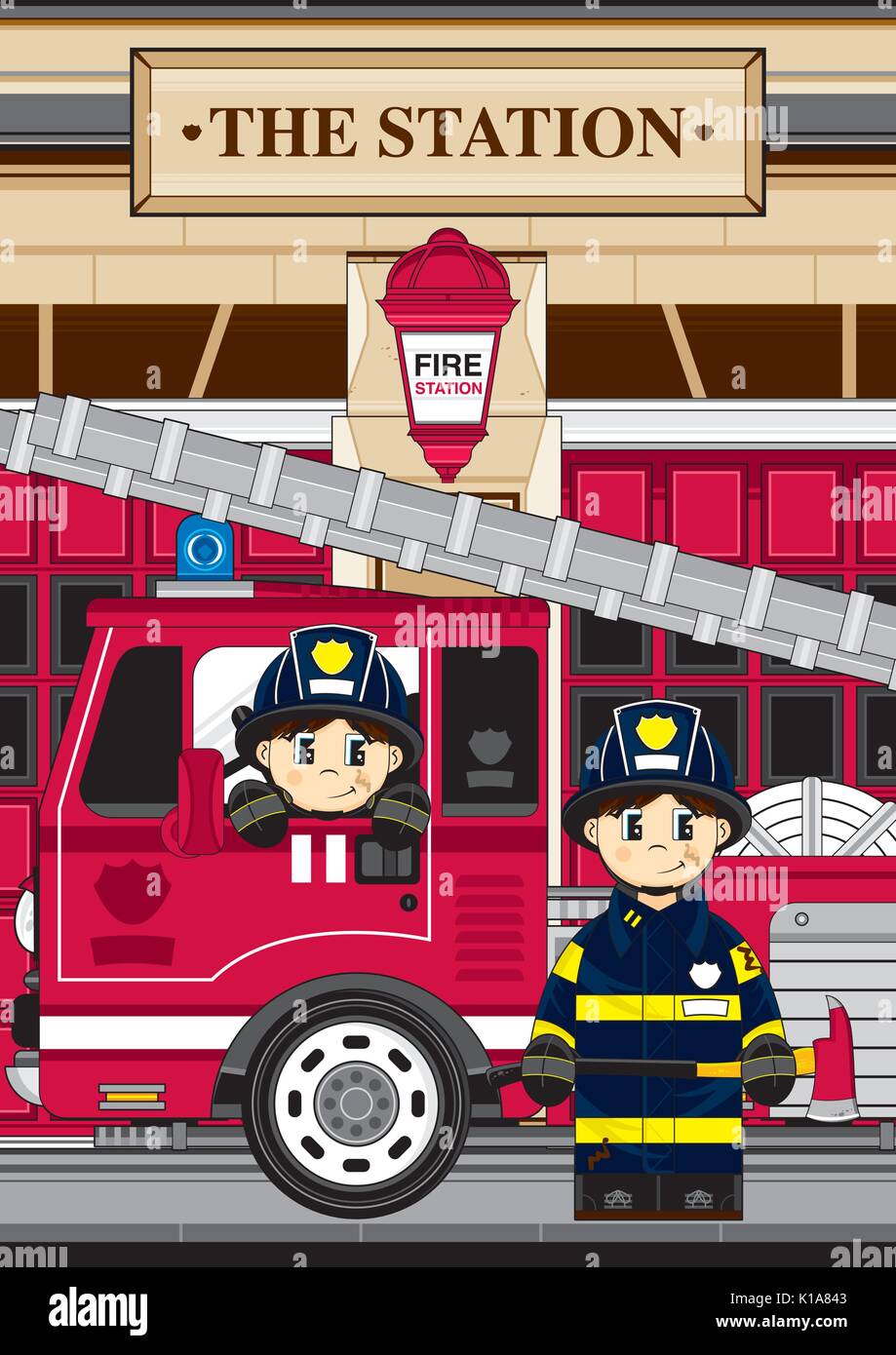Cute Cartoon Fireman - Firefighter and Fire Truck Vector Illustration ...