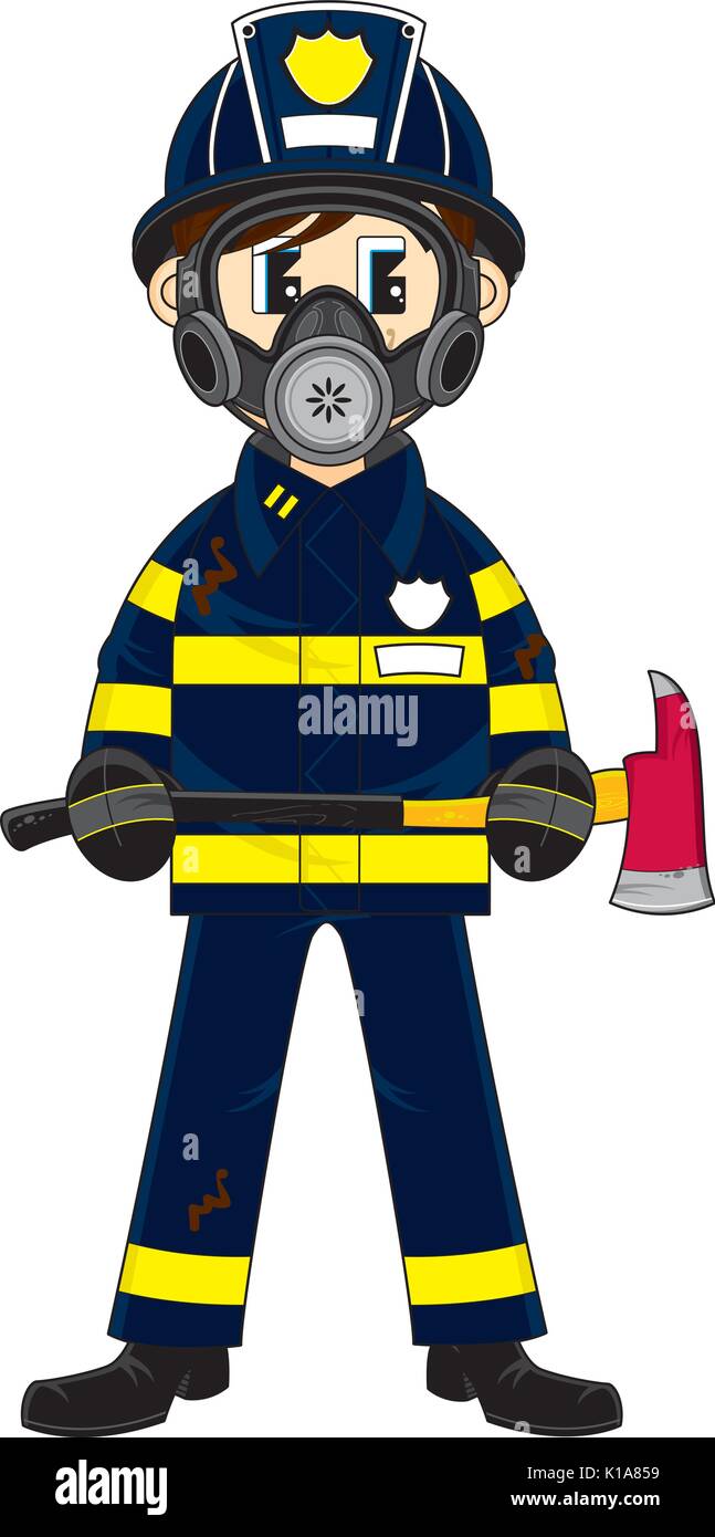 Cute Cartoon Fireman - Firefighter with Axe Vector Illustration Stock ...