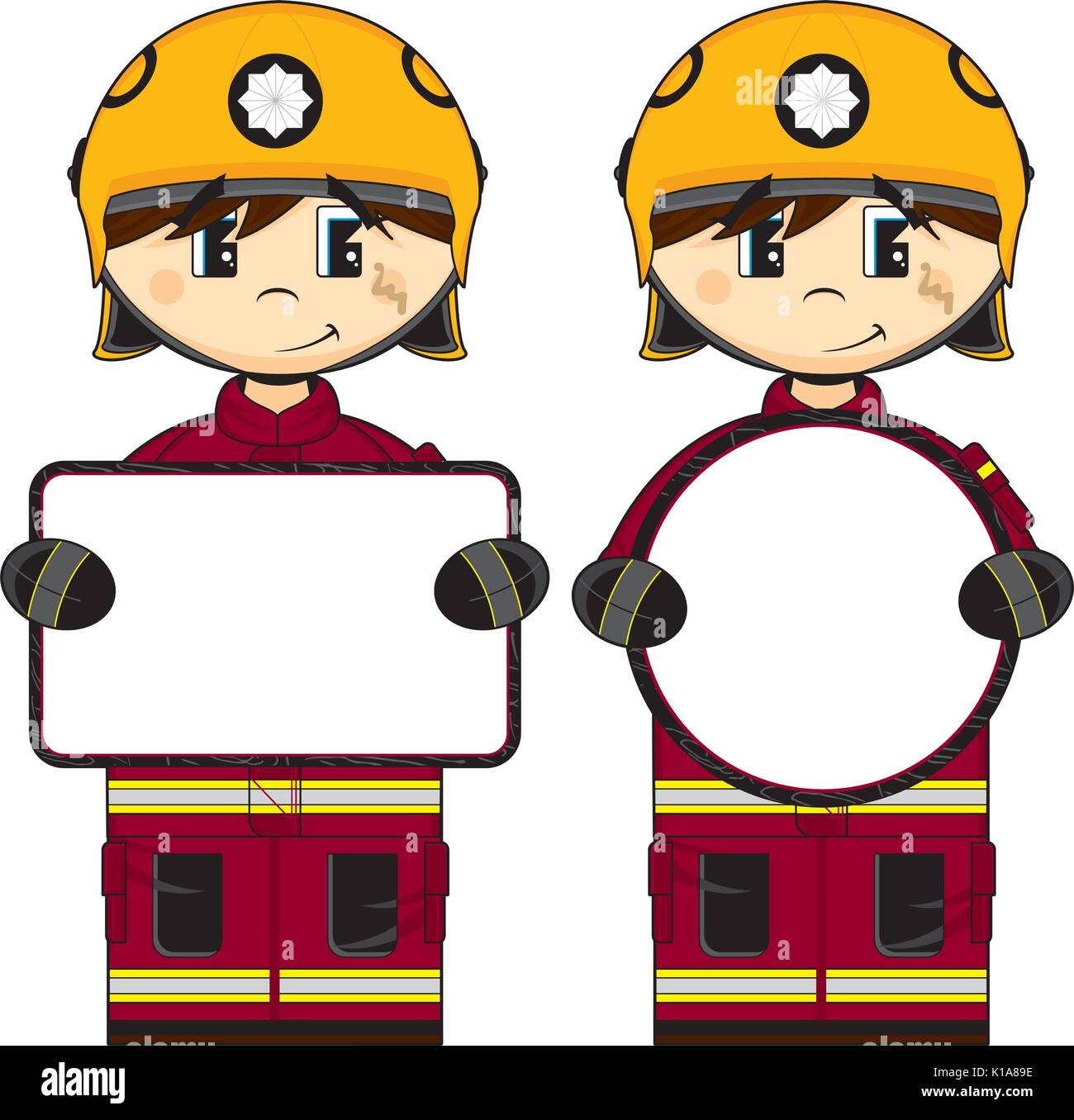 Cute Cartoon Fireman - Firefighter with Sign Vector Illustration Stock ...
