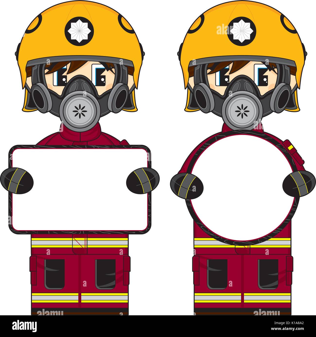 Cute Cartoon Fireman - Firefighter with Sign Vector Illustration Stock ...