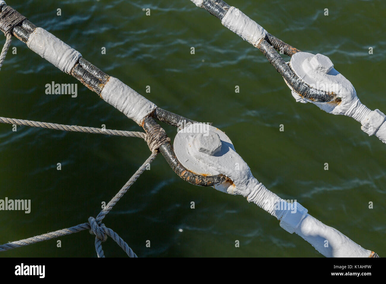 Block and tackle with ropes and railings - vintage ship rigging Stock ...